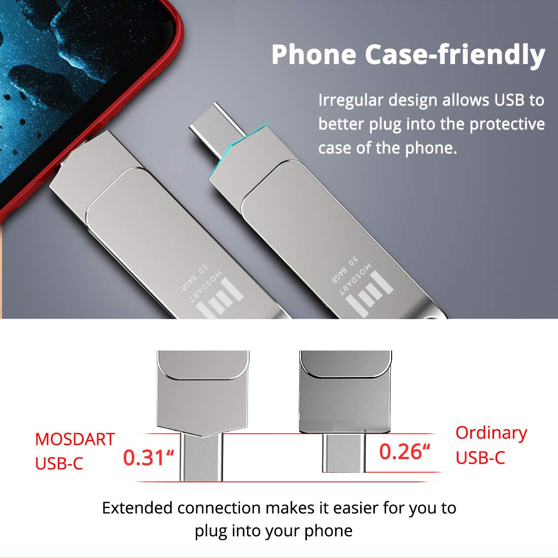 MOSDART 64GB Fast USB C Flash Drive 2 in 1 OTG USB C to USB A 3.1 Dual Thumb Drive Metal Memory Stick for USB-C Android Phones, iPhone 15, MacBook, iPad, Computers and More, Silver