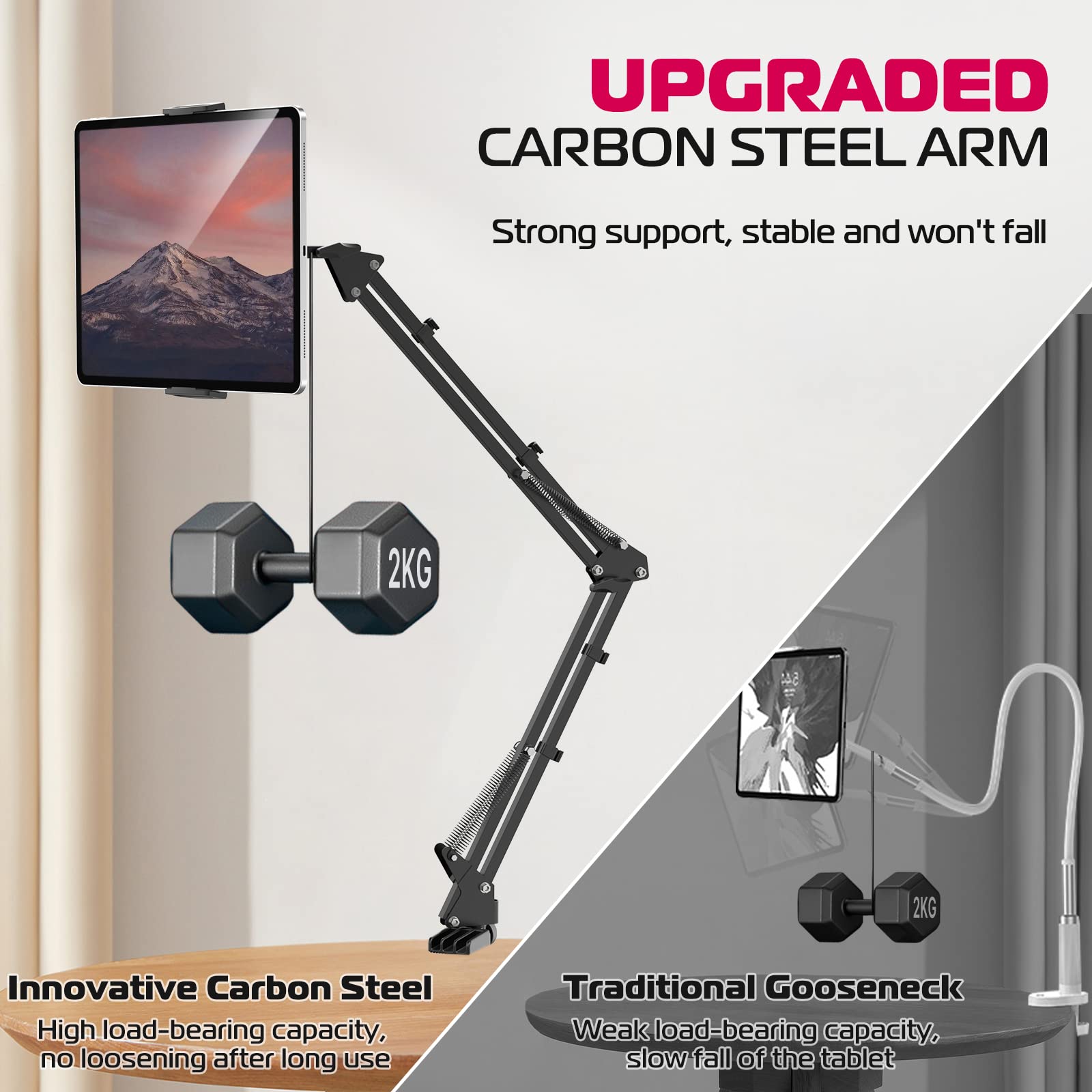 ULANZI T2 Adjustable Tablet Holder for Desk, Carbon Steel Tablet Phone Stand for Bed, Flexible Tablet Arm Clamp Compatible with iPhone 16 15 Pro iPad Kindle Galaxy Tab 4.6-12.9 Inch Devices