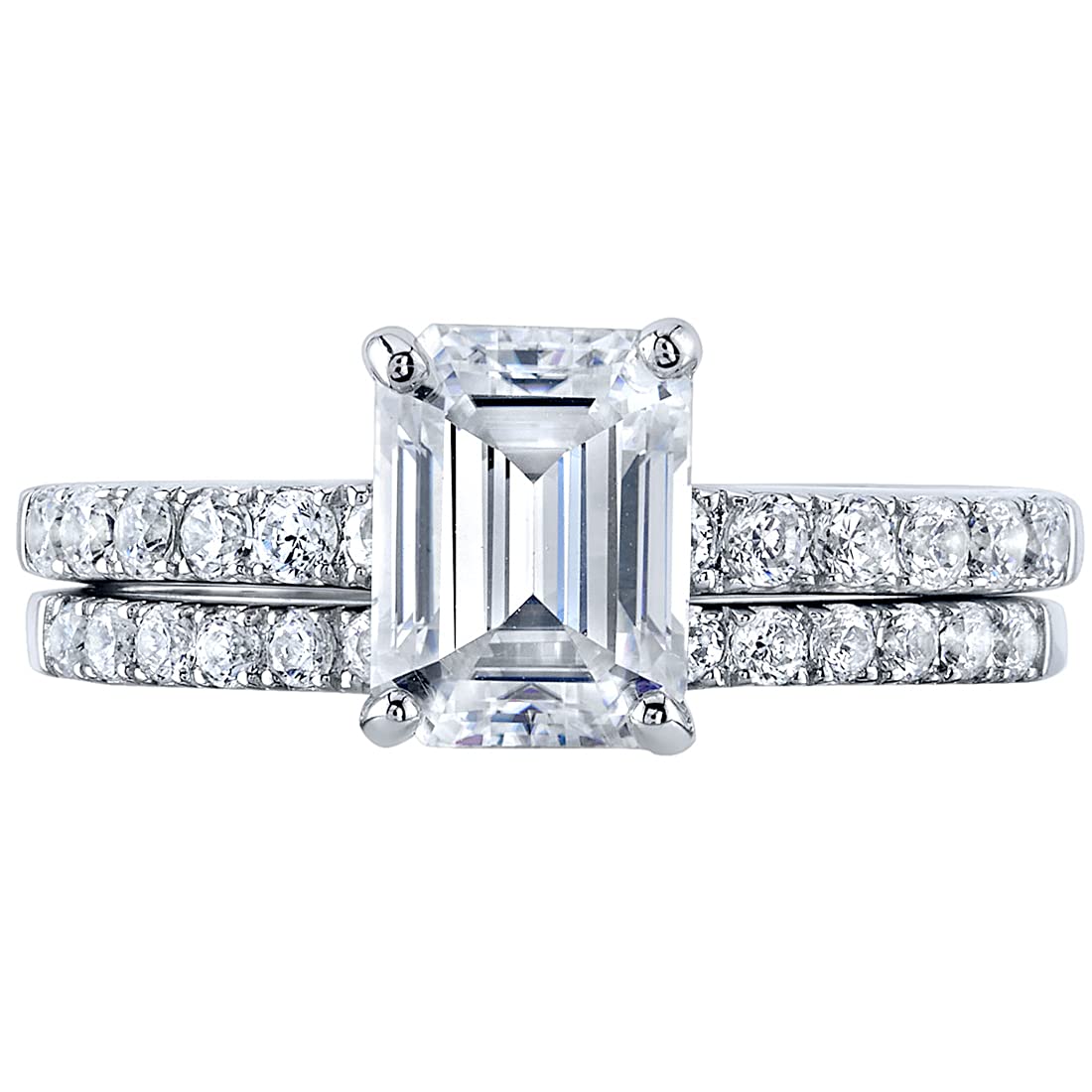 PEORA Moissanite Emerald Cut Engagement Ring and Wedding Band Bridal Set in Sterling Silver, 2 Carat Center, DE Color, VVS Clarity, Size 6.5