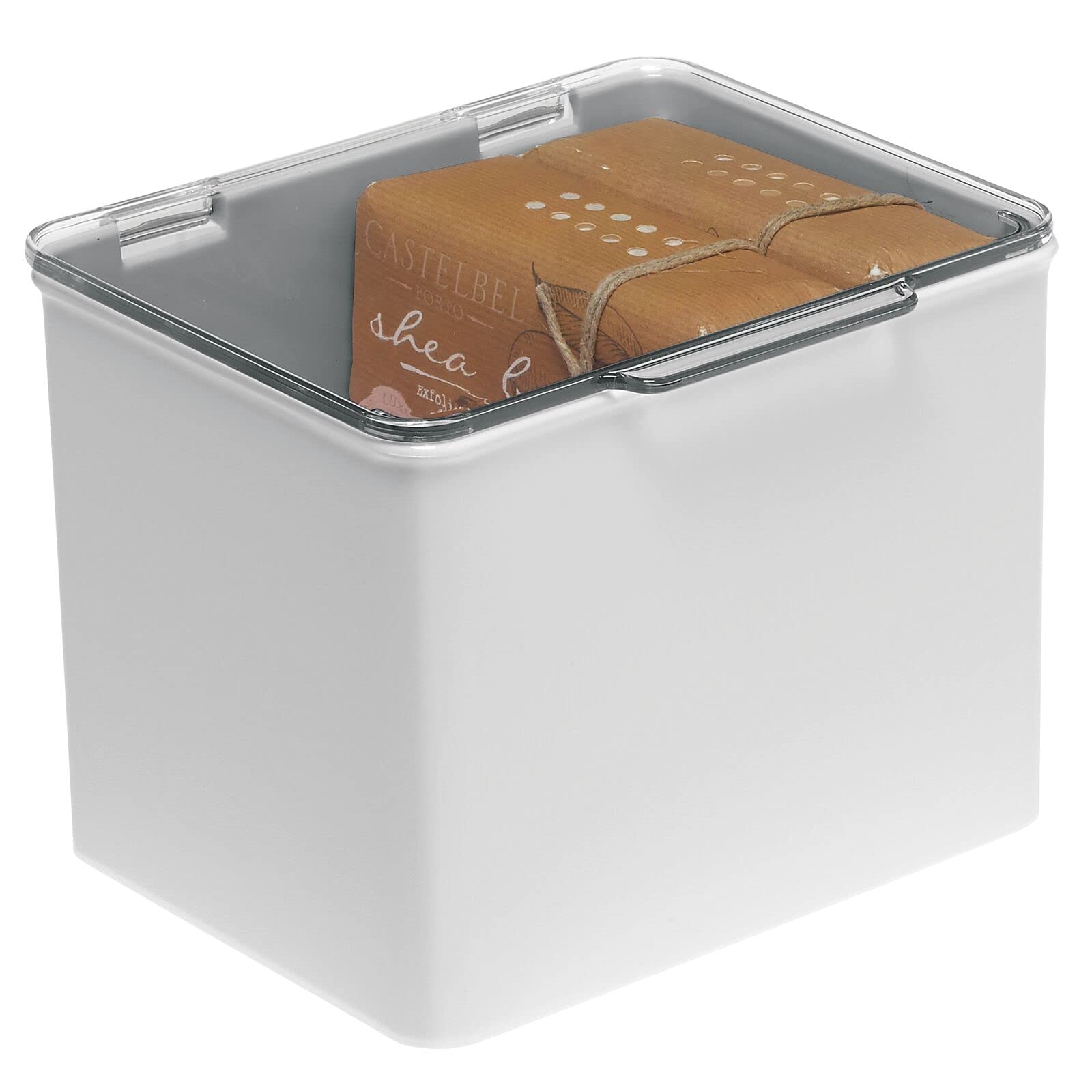 mDesign Plastic Bathroom Storage Organizer Box w/ Hinge Lid for Closet, Shelf, Cupboard, Vanity, Hold Medicine, Lotion, Cotton Swabs, Masks, Styling Tools, Lumiere Collection, 8 Pack, Stone/Clear