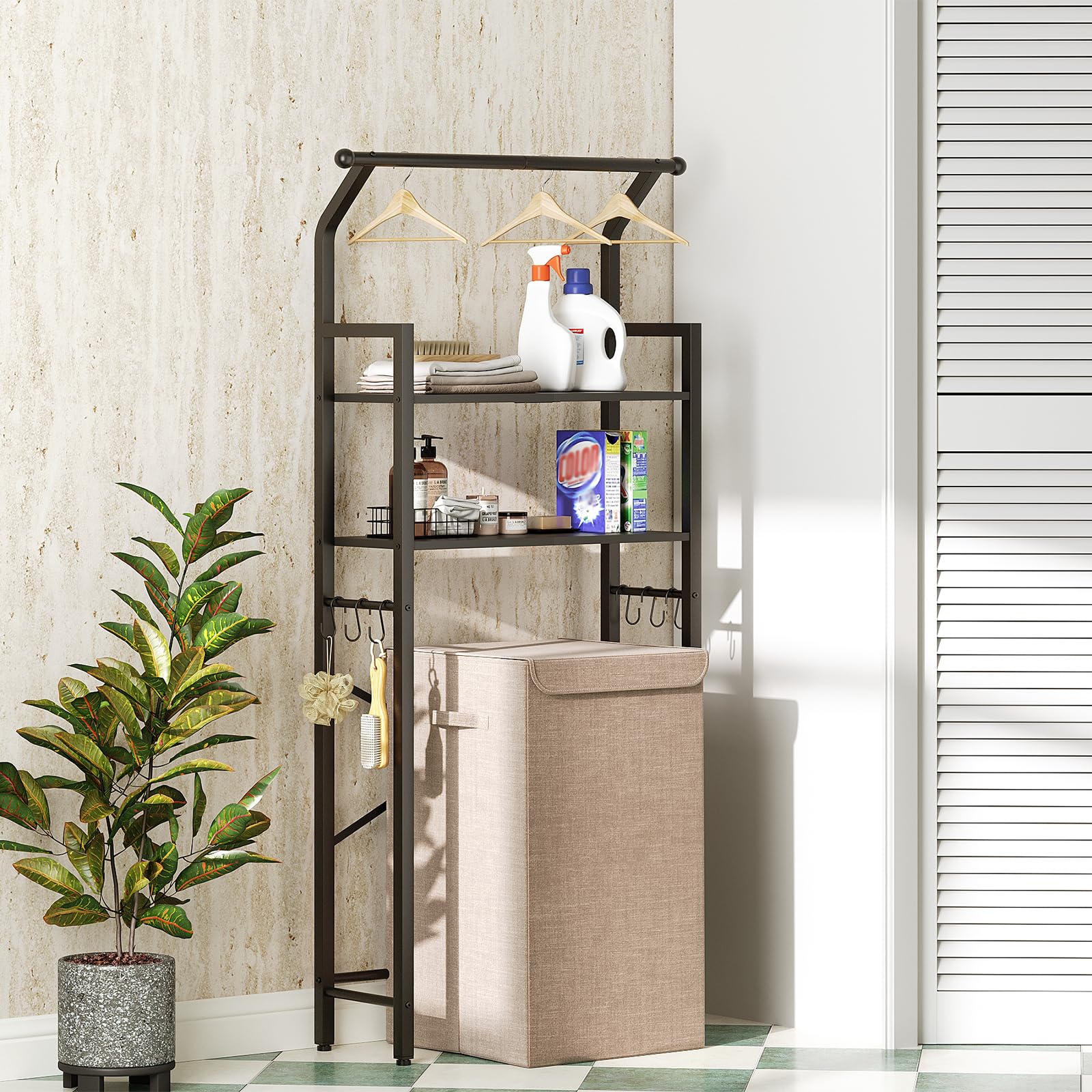 YATINEY Over The Toilet Storage, 2-Tier Bathroom Organizer Shelves with Hooks, Multifunctional Vertical The Toilet Shelf Storage Rack for Bathroom, Black TR01BB