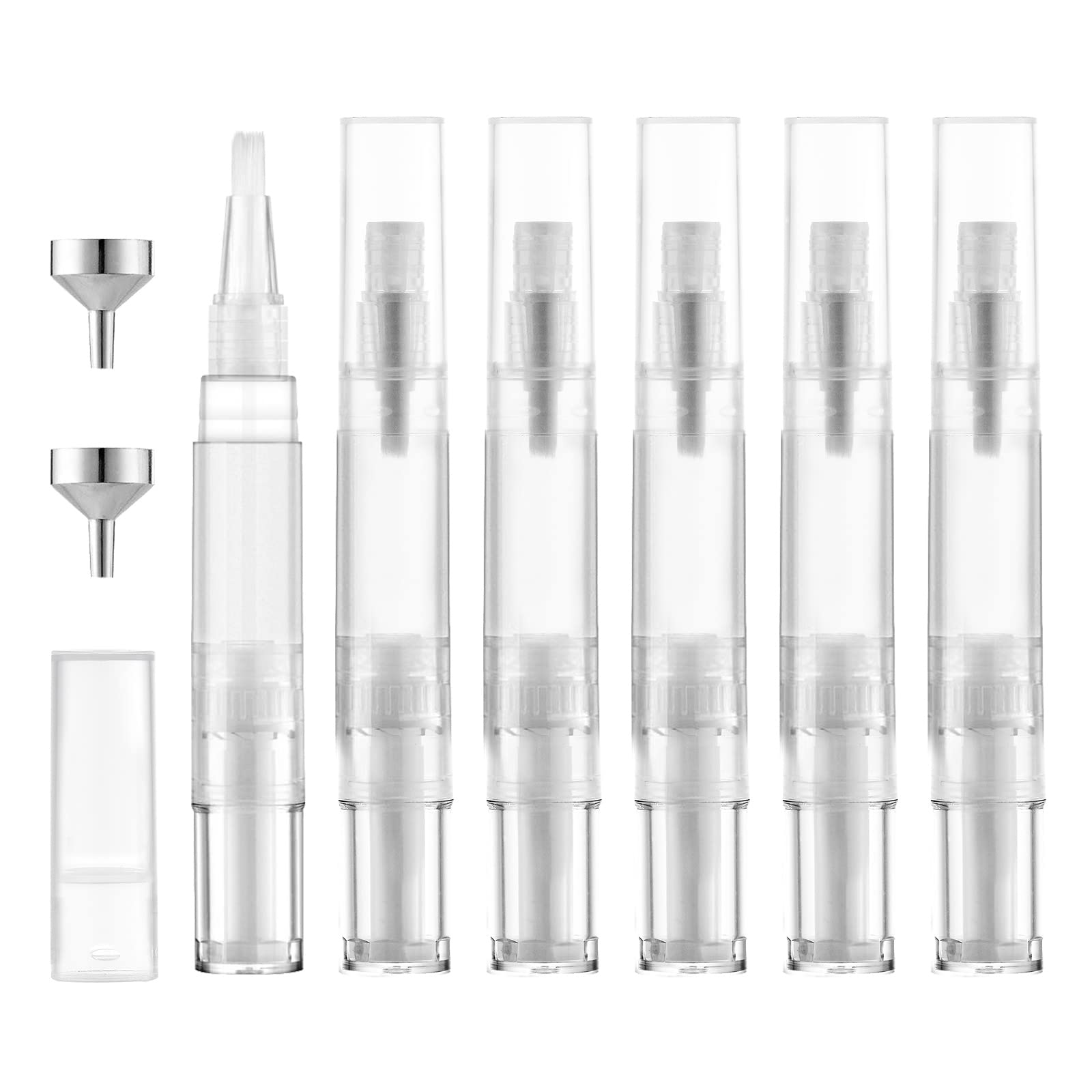 Lisapack 5ml Empty Nail Oil Pen with Brush, Twist Pen for Cuticle Oil Applicator, Teeth Whitening Container for Cosmetic, Lip Gloss (Transparent, Pack of 6)