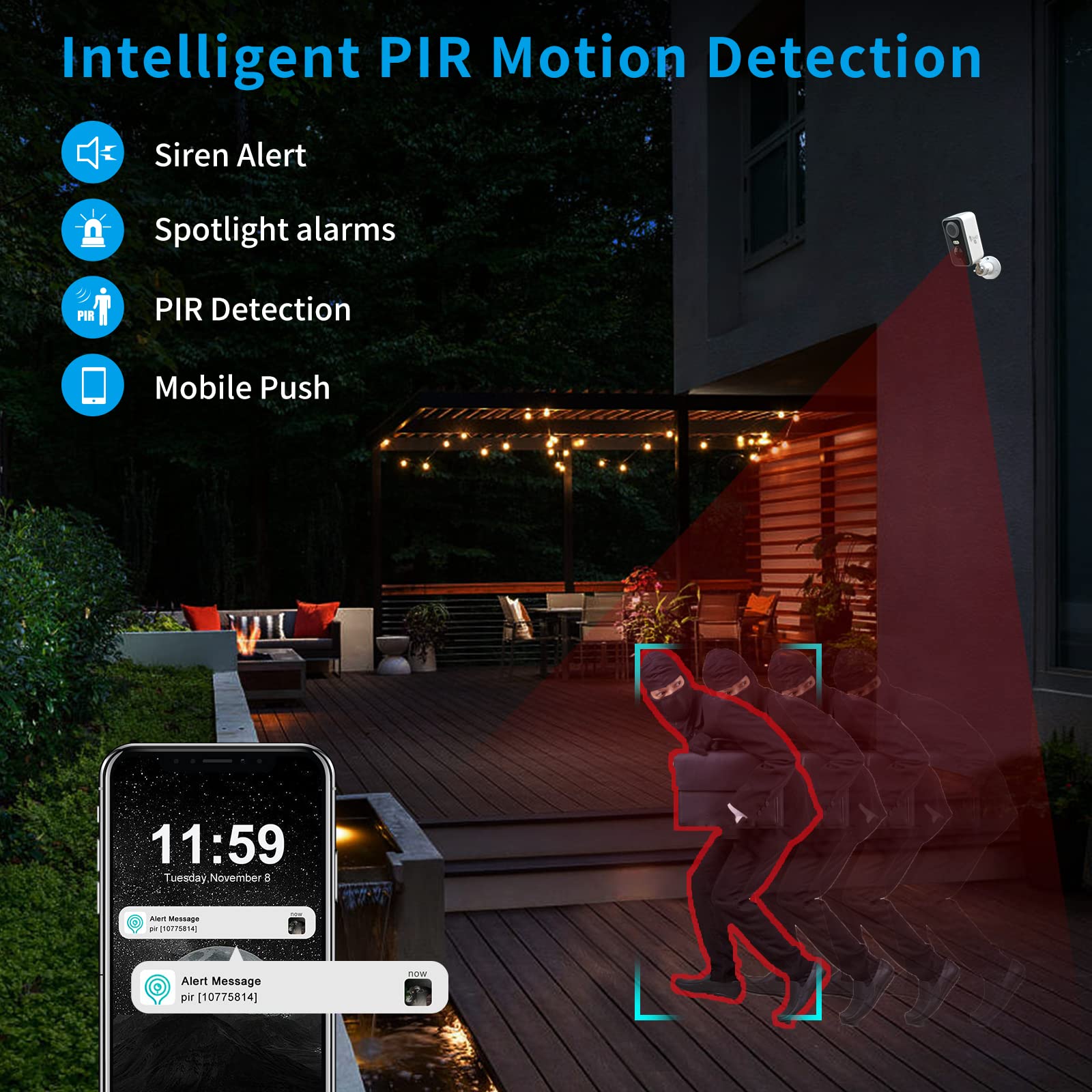 uniwatch Wireless Cameras Security Outdoor, 2K Battery Powered AI Motion Petection Spotlight Siren Alarm Home Surveillance Camera, 2-Way Audio, Color Night Vision, IP65 Waterproof, Cloud/SD Storage