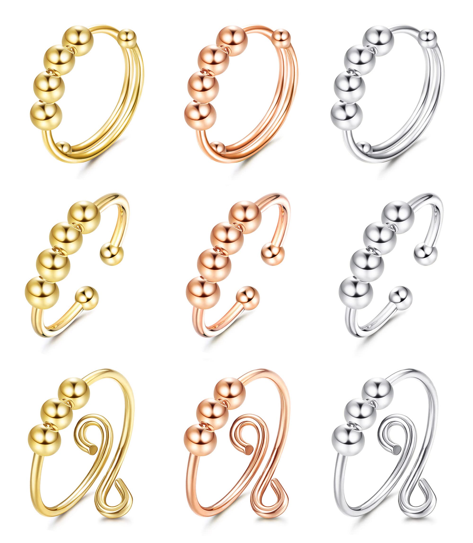 RnBLM JEWELRY 9Pcs Fidget Rings for Anxiety with Beads Anxiety Ring for Women Men Spinner Fidget Rings Stress Relief Stackable Rings Adjustable