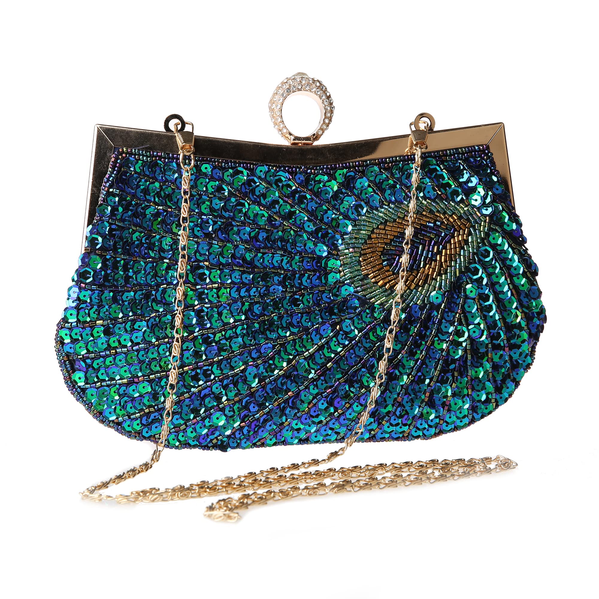 Peacock Evening Bag Sequins Beaded Clutch Purse with Ring Lock Closure for Wedding Party Peacock Blue