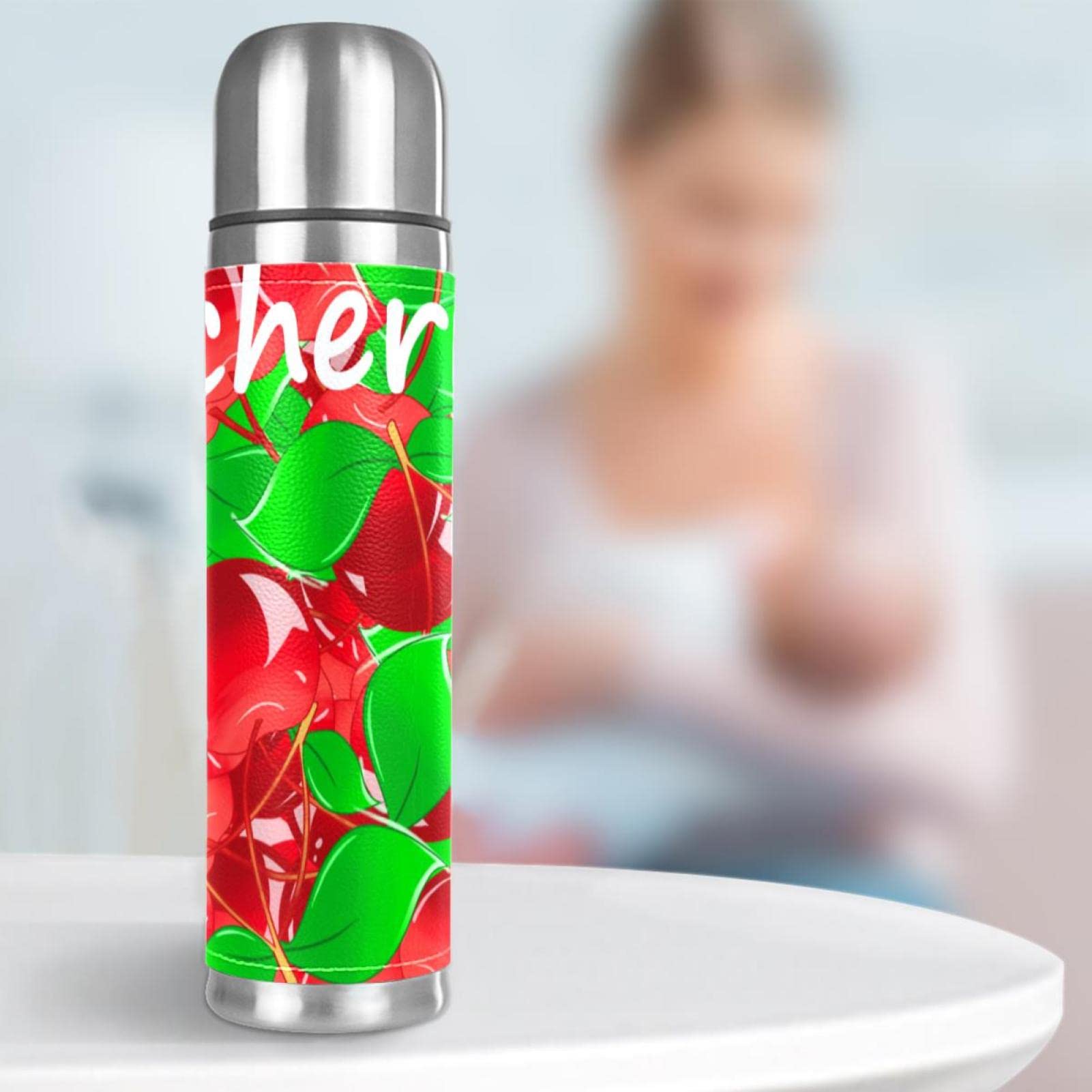 Stainless Steel Leather Vacuum Insulated Mug Cherry Thermos Water Bottle for Hot and Cold Drinks Kids Adults 16 Oz