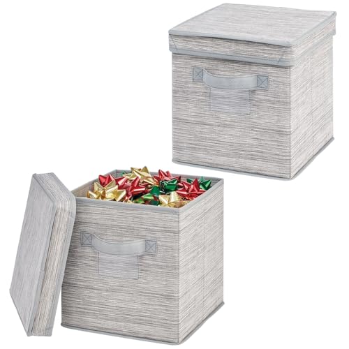mDesign Square Fabric Christmas Storage Box with Handles - Holiday Decor Storage Bin with Lid and Label Space - Foldable Gift Wrap, Bow Container - Lidded Tote for Kids Room, 2 Pack, Striped Taupe/Tan