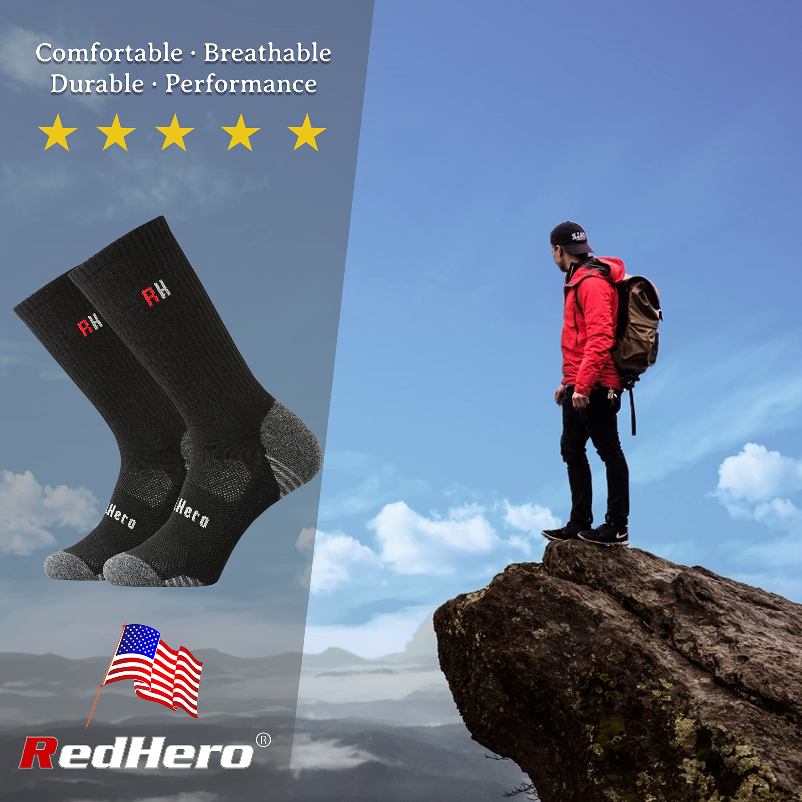 RedHero Men's Merino Wool Cushion Crew Socks for Outdoor Hiking Trekking Hike Soft Cozy Thermal Fit Moisture Control(Camel XL)