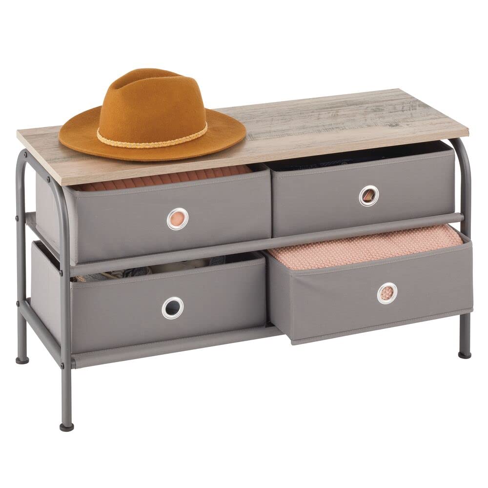 mDesign Storage Bench with 4 Drawers - Sturdy Steel Frame, Wood Top, Easy Pull Fabric Bins - Organizer Unit for Bedroom, Hallway, Entryway, Closets - Dark Gray/Gray