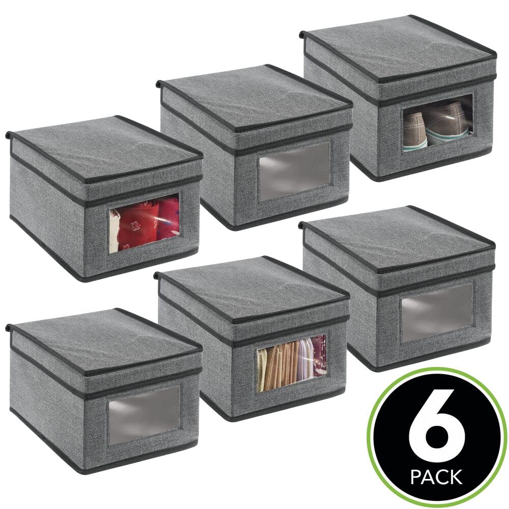 mDesign Soft Fabric Stackable Closet Storage Organizer Box with Clear Window and Attached Hinged Lid for Bedroom, Hallway, Entryway, Closets, 4 Pack - Cream/Espresso Brown