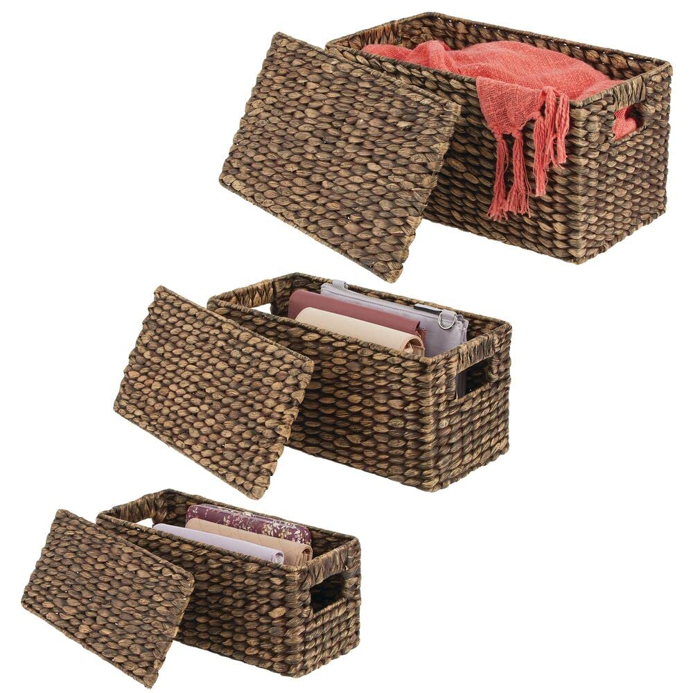 mDesign Woven Water Hyacinth Rectangle Storage Organizer Basket Bin with Topper Lid and Handles - Natural Farmhouse Holder Containers for Closet, Bedroom, Bathroom, Office - Set of 3 - Dark Brown