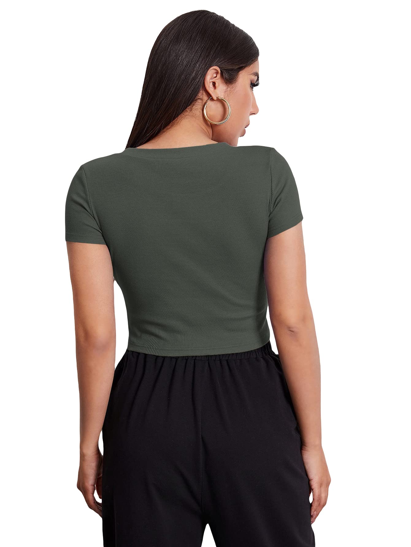 Romwe Women's Casual Summer Crop Top Solid Short Sleeve Workout Crop Blouse Tee T-Shirt Grey Solid L