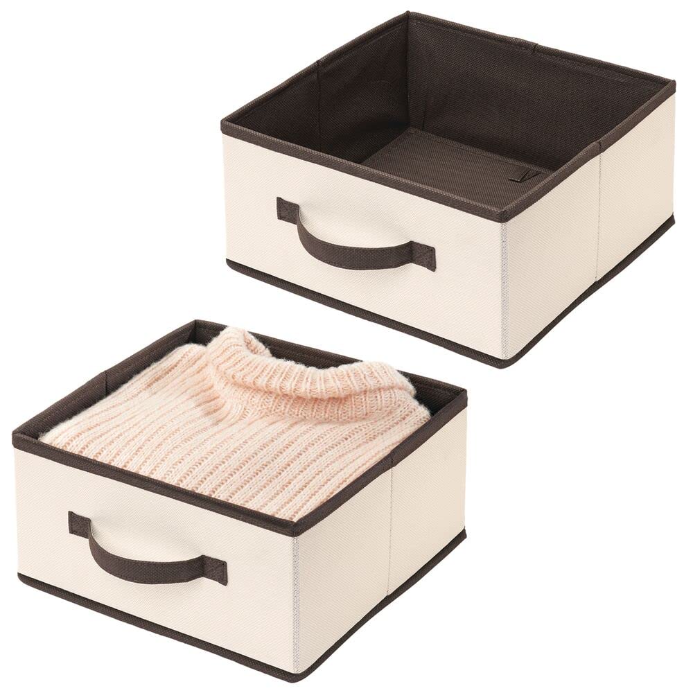 mDesign Soft Fabric Closet Organizer Box with Front Pull Handle for Shelves in Bedroom, Bathroom, Home Office - Holds Clothing, Linens, Accessories - Jane Collection - 2 Pack - Cream/Espresso