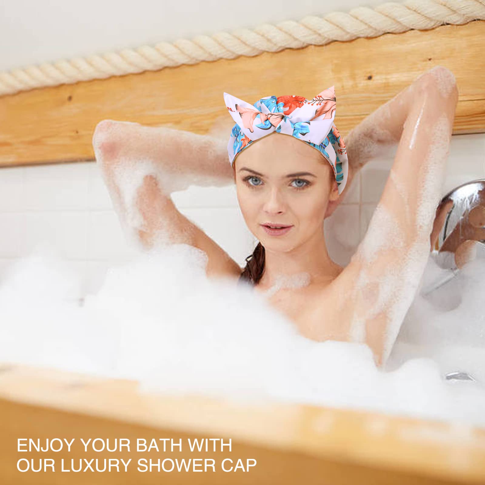 Uohhguy Shower Cap, Luxury Shower Caps For Women, Reusable, Waterproof, Adjustable (Tropical)
