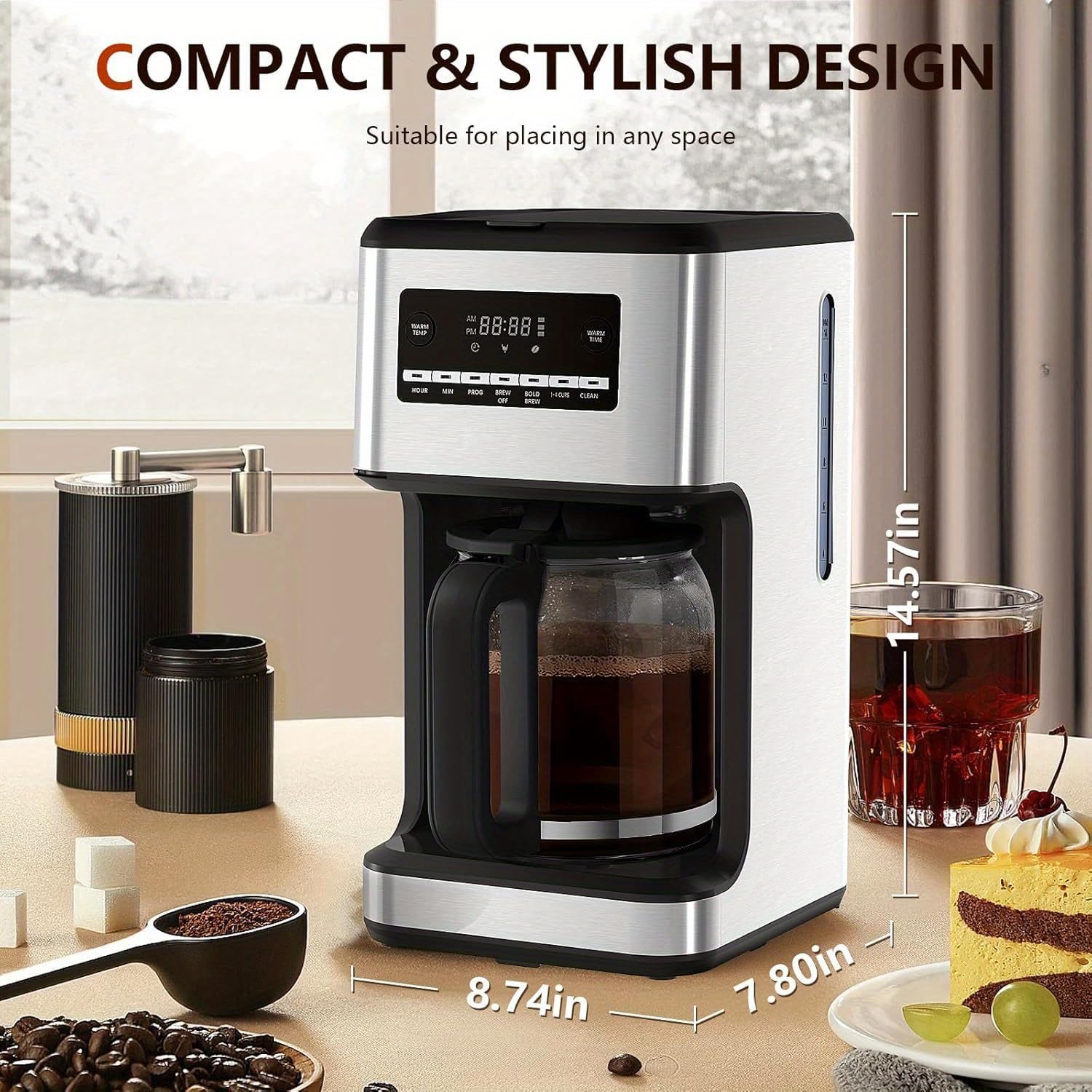 Xbeauty Coffee Maker, Drip Coffee Machine, 14-Cup Glass Carafe, Programmable, Delay Brew, Keep Warm, with Touch Screen, Stainless Steel,Silver