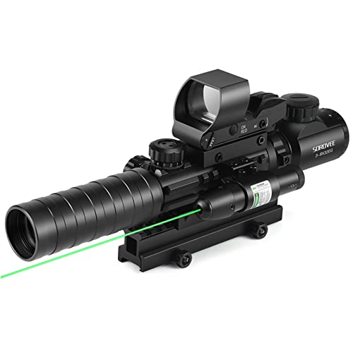 SOROVEE Rifle Scope 3-9x32 Combo,Red/Green Illuminated Range Finder Reticle,Tactical Gun Scopes with Reflex Sight 4 Reticle and Green Laser,Airsoft Scopes for Long Range Shooting/Hunting.