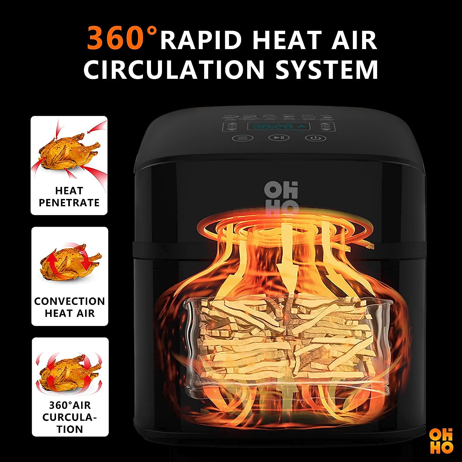 OHHO Air Fryer, 8QT Digital LED Touchscreen, 8 Preset Functions for Fry, Temperature Control, Auto Shut Off - Non-stick Flat Basket & Tray, 200+ Digital Recipe (Digital Black)