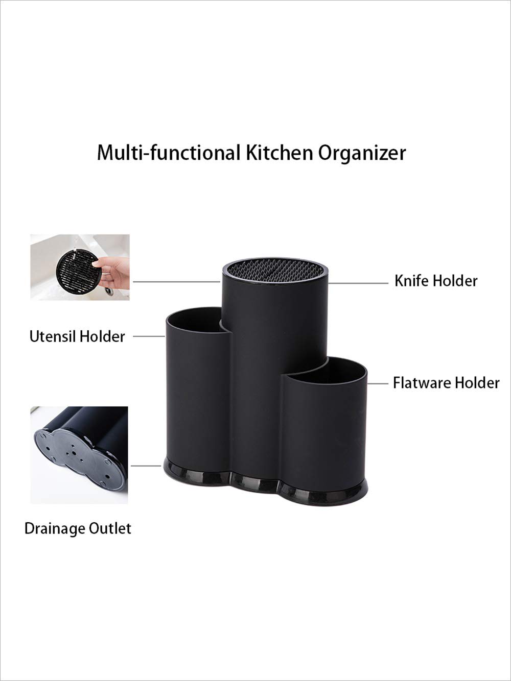 MDZF SWEET HOME 3-in-1 Kitchen Utensil Holder Set with Knife Block without Knives, Large Kitchen Tools Flatware Holder Organized Utensil Drying Cylinder, Black