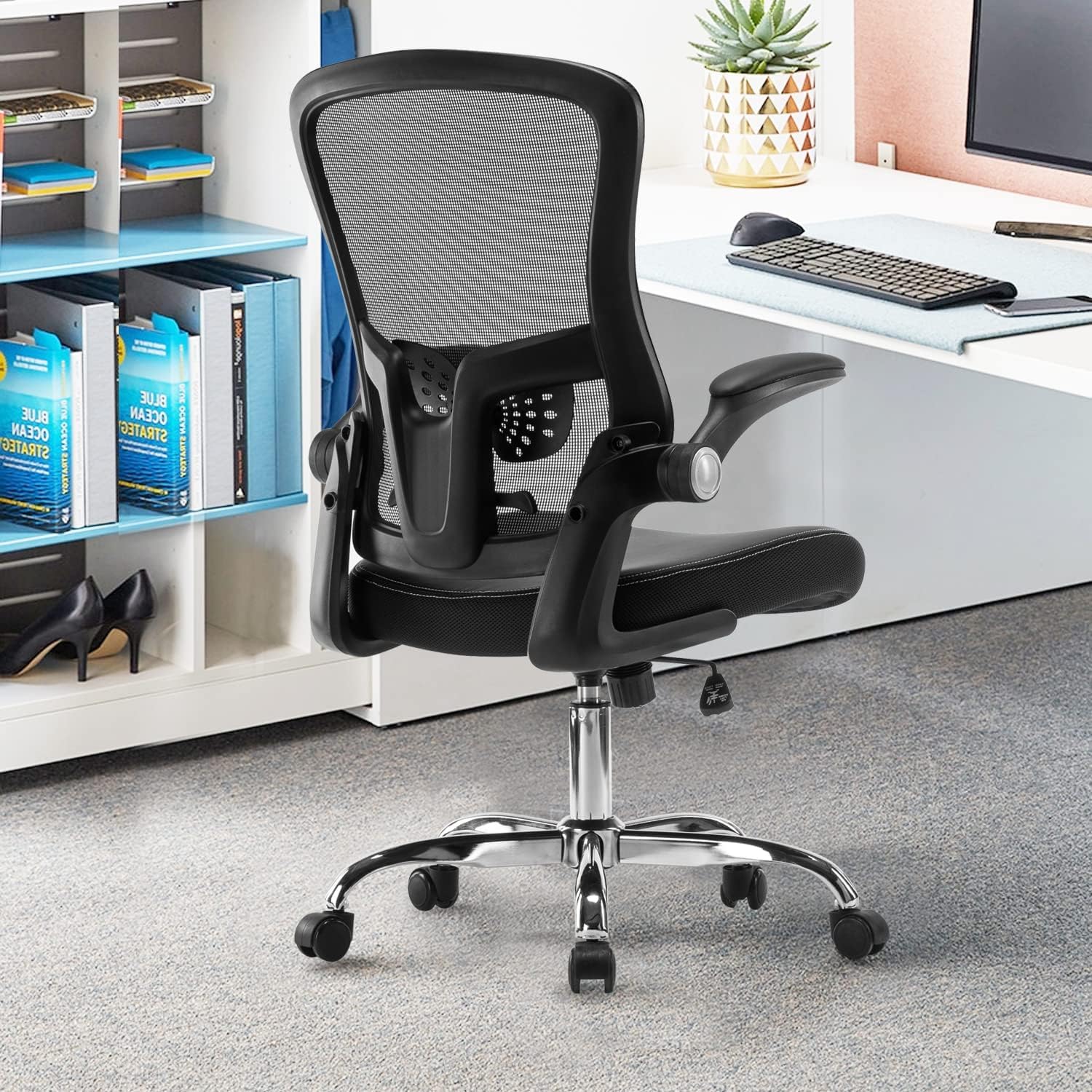 Mesh Office Chair Ergonomic -Adjustable Height, Desk Chair with Wheels Mesh Computer Desk Chair with Flip-up Arms PU Leather Task Chair 300lbs