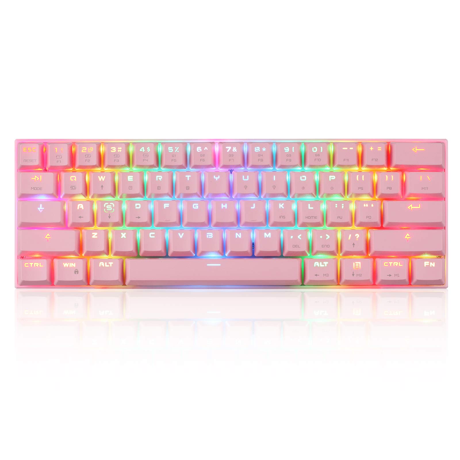 MOTOSPEED Bluetooth/Wired 60% Pink Mechanical Keyboard Compact 61 Keys RGB LED Backlit Type-C Gaming/Office Keyboard for PC/Mac/Laptop Gamer (Blue Switch)