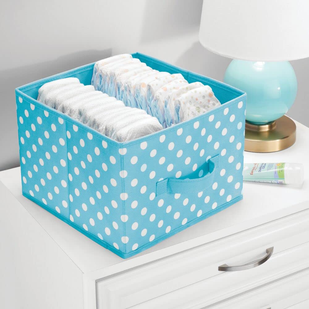 mDesign Soft Fabric Closet Storage Organizer Holder Box Bin - Attached Handle, Open Top, for Child/Kids Bedroom, Nursery, Toy Room - Fun Polka Dot Print - Medium, 2 Pack - Turquoise Blue/White Dots