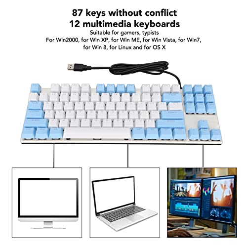 Zunate Mechanical Gaming Keyboard, Ergonomic 87 Key Multicolor Backlit Compact Waterproof Keyboard for Computer/PC/Laptop(Blue and White)