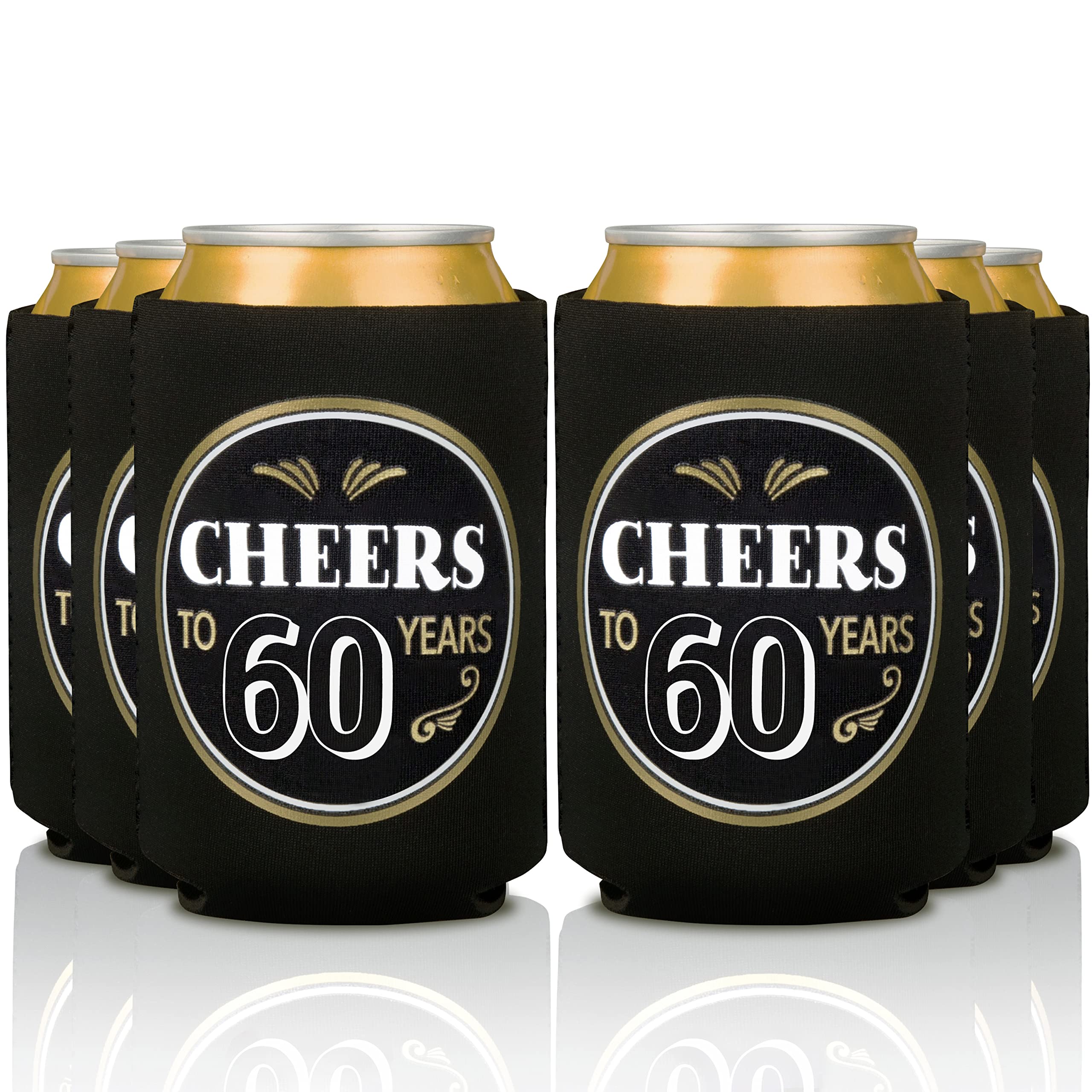 Prazoli Cheers to 60 Years Beer Can Coolers (12 Pack) - 60th Birthday Party Decorations & Supplies - Black & Gold | Perfect Men Anniversary Coolers Set for Parties