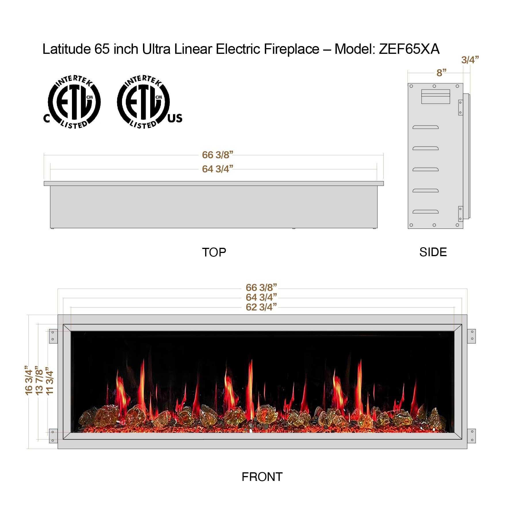 Litedeer Homes Latitude 65" Smart Electric Fireplace with App, Crackling Fire Sounds, Reflective Amber Glass, Black - ZEF65XA