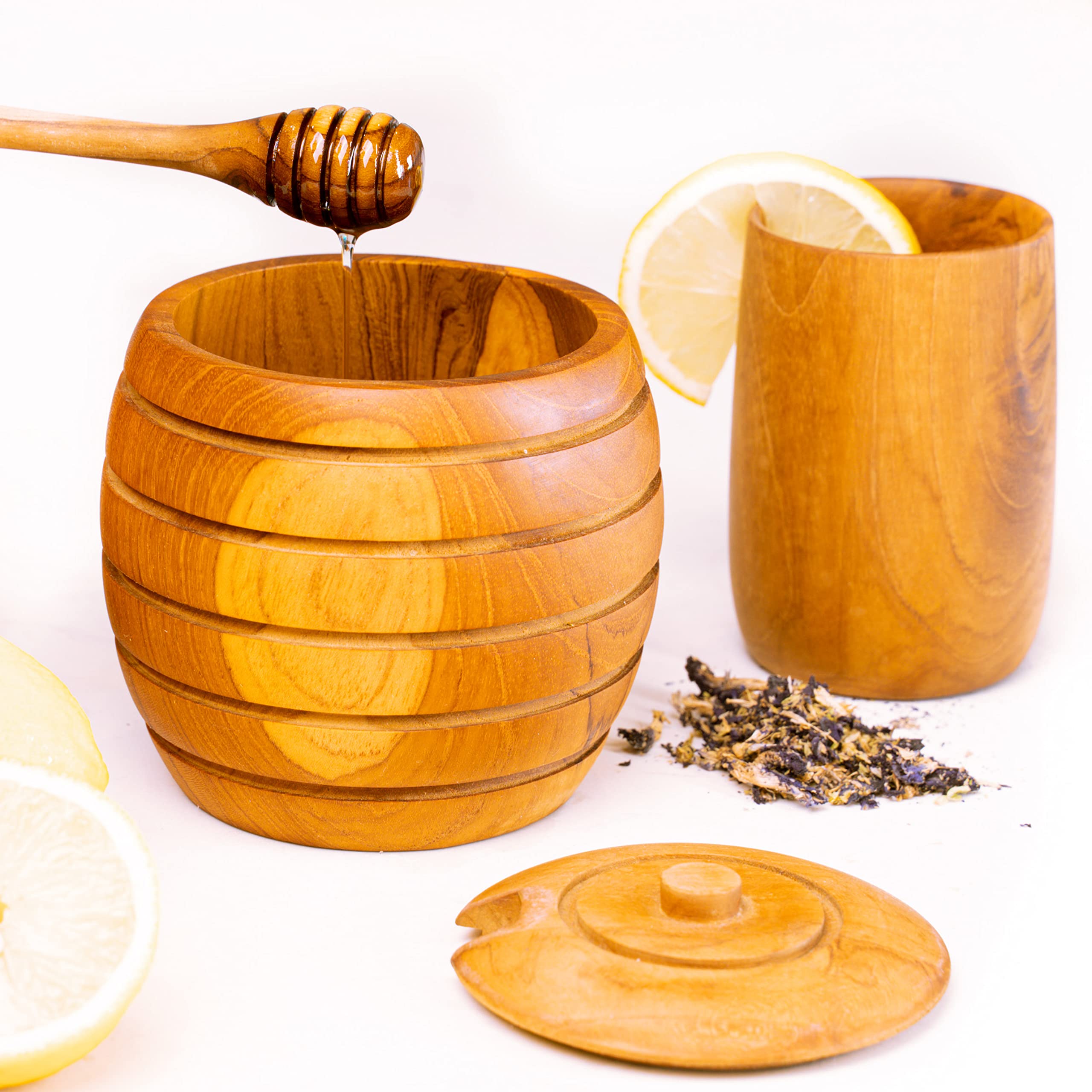 Rainforest Bowls Javanese Teak Wood Honey Jar w/Dipper Set- Ideal for Storing Honey, Jam & Syrups- Ultra-Durable- Premium Wooden Honey Jar Handcrafted by Indonesian Artisans