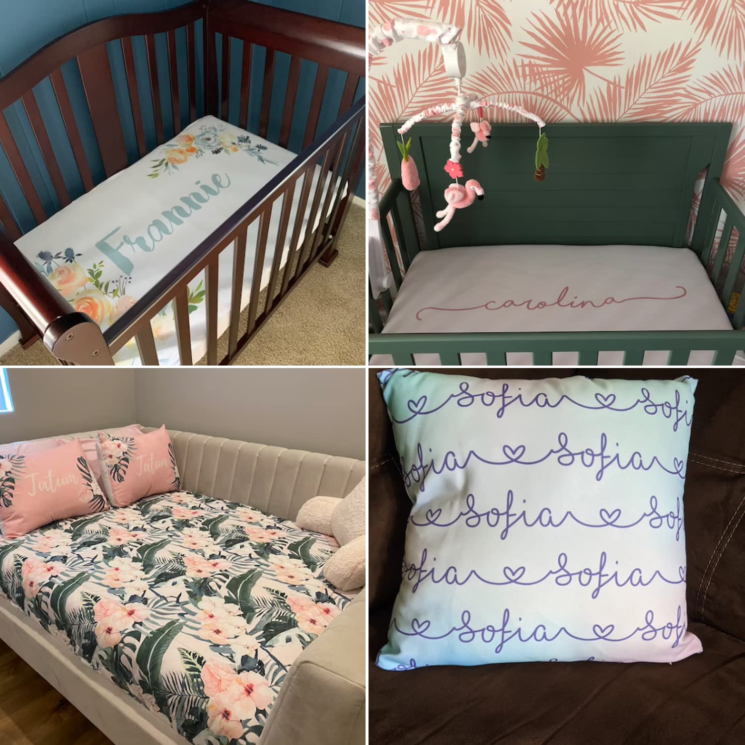 UOOPOO-US Personalized Baby Fitted Crib Sheet Set, Customized Elephant Crib Bedding Set with Name, Baby Crib Bedding Set, Custom Chic Pink Flower Nursery Crib Sheet Bedding Set