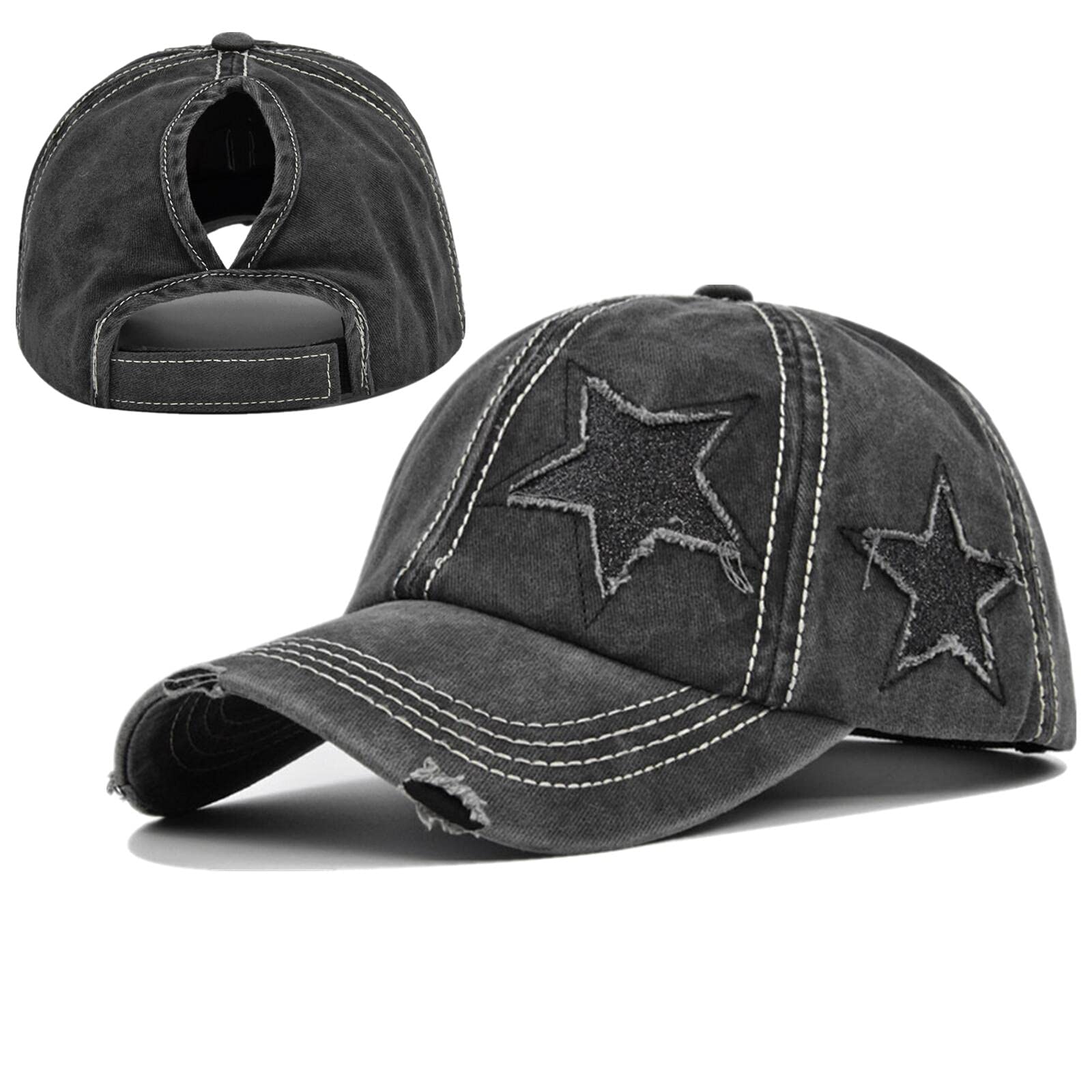 ProMindFun Womens Ponytail High Messy Bun Hats Distressed Baseball Caps Unconstructed Washed Dad Hat Girls Trucker Ponycaps (16-Glitter Black)