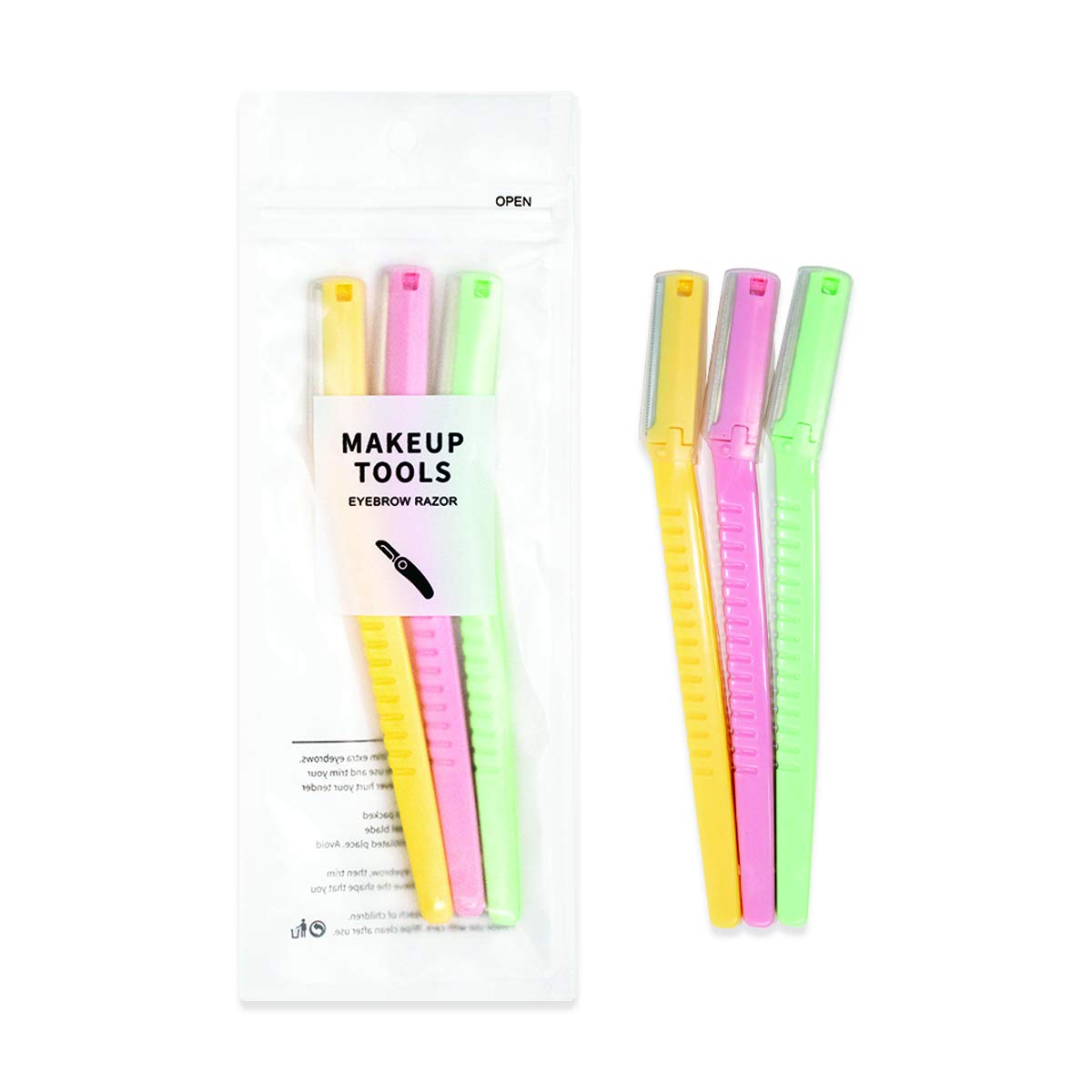 Multipurpose Facial Razor & Eyebrow Shaper With Fitted Cover/Straight Blade Style/Green Yellow Pink 3 Pack