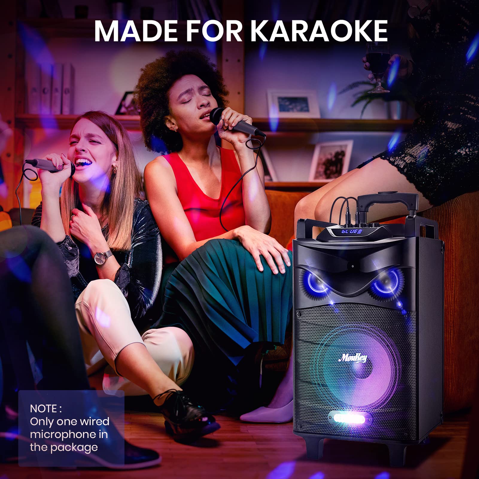 Moukey Karaoke Machine, Outdoor Speaker with Echo/Treble/Bass Adjustment, Small PA System, Portable Bluetooth Speaker with LED Light, Supports Wired/Wireless Microphone/TWS/REC/AUX IN/MP3/USB/TF/FM