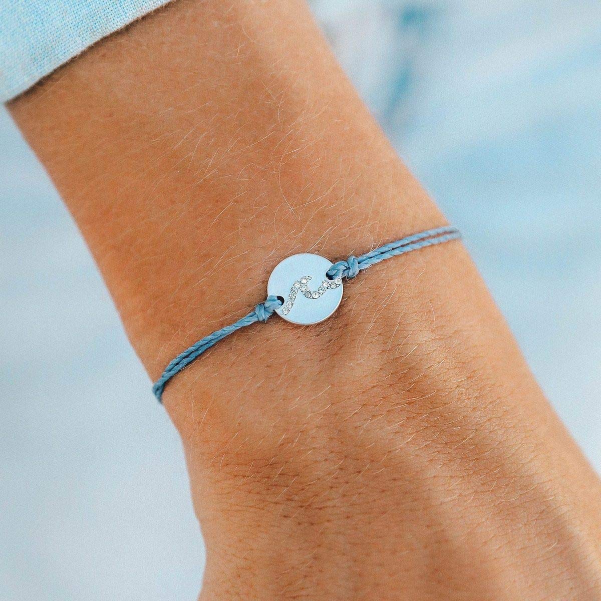 Pura Vida Silver Pave Wave Coin Bracelet - 100% Waterproof, Adjustable Band - Brand Charm, Blue Steel