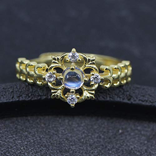 Luna Azure natural Rainbow Moonstone and 925 sterling silver with AAA Cz Goldplated Silver Adjustable Ring women girls gift present jewelry