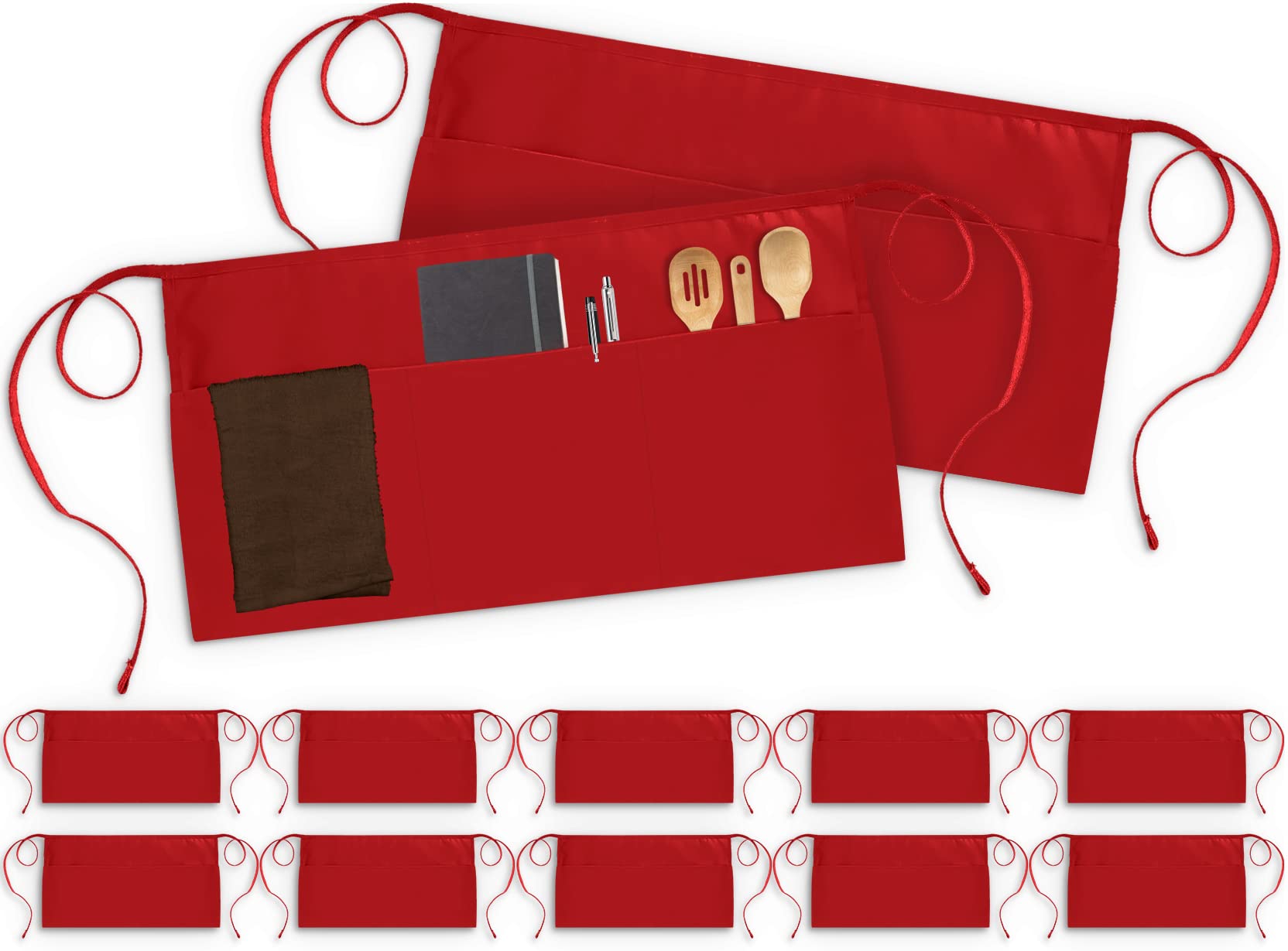 Utopia Wear 3 Pocket Waist Apron [Pack of 12], Server Waitress short for Men Women, Kitchen, Restaurant, Crafting, BBQ Work Server Aprons (Red)