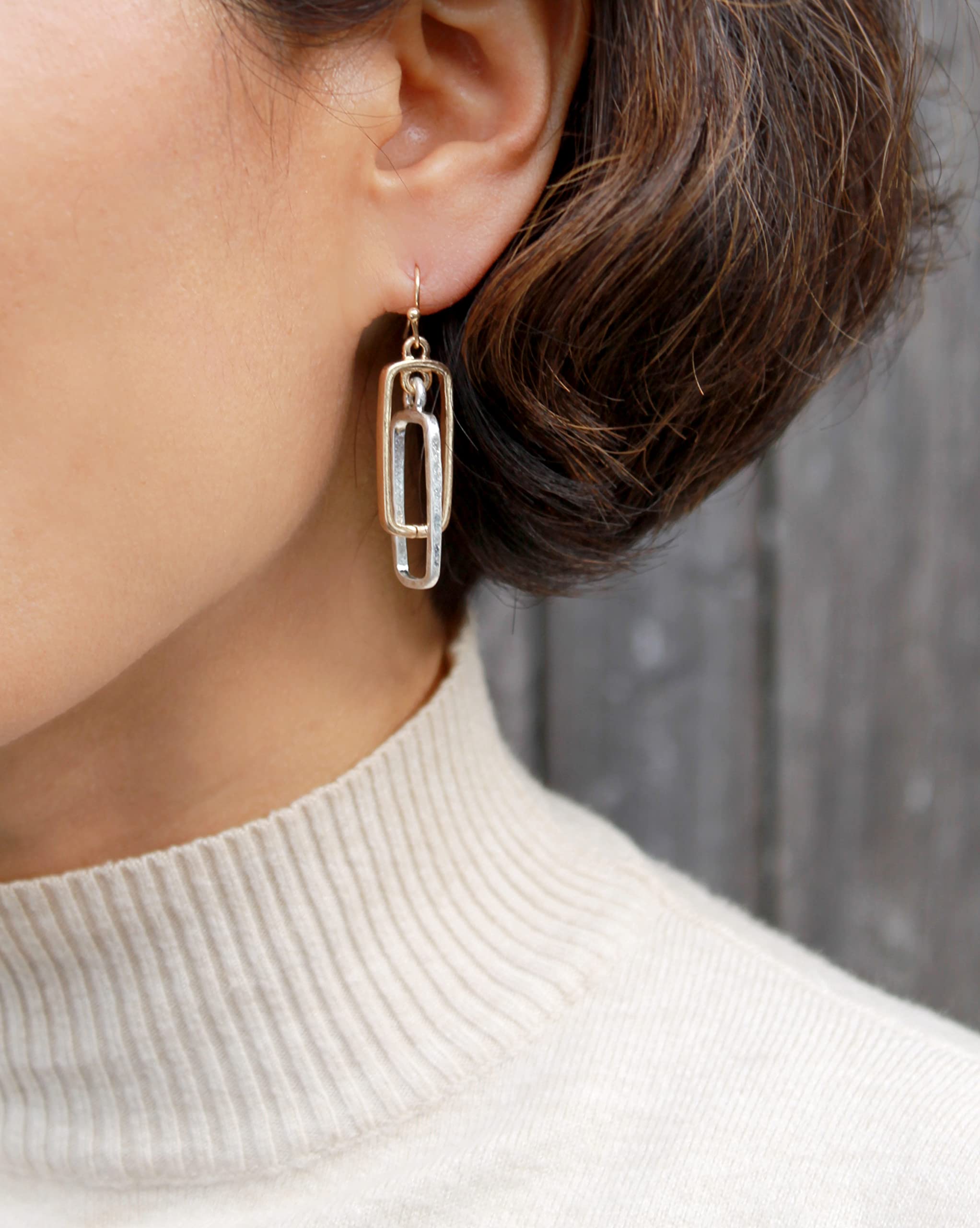 POMINA Lightweight Geometric Gold Silver Two Tone Hammered Dangle Drop Earrings Linked Circle Rectangle Oval Trendy Fashion Dangling Earrings for Women (Square_Two tone)