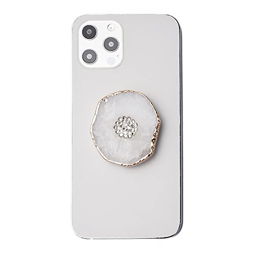 White Agate Stone Crystal Phone Grip Premium Phone Stand Druzy Quartz Healing Crystal Natural Gemstone with Gold Trim and Crystal Design Phone Grip Stand Mount Holder for Smart Phones and Tablet