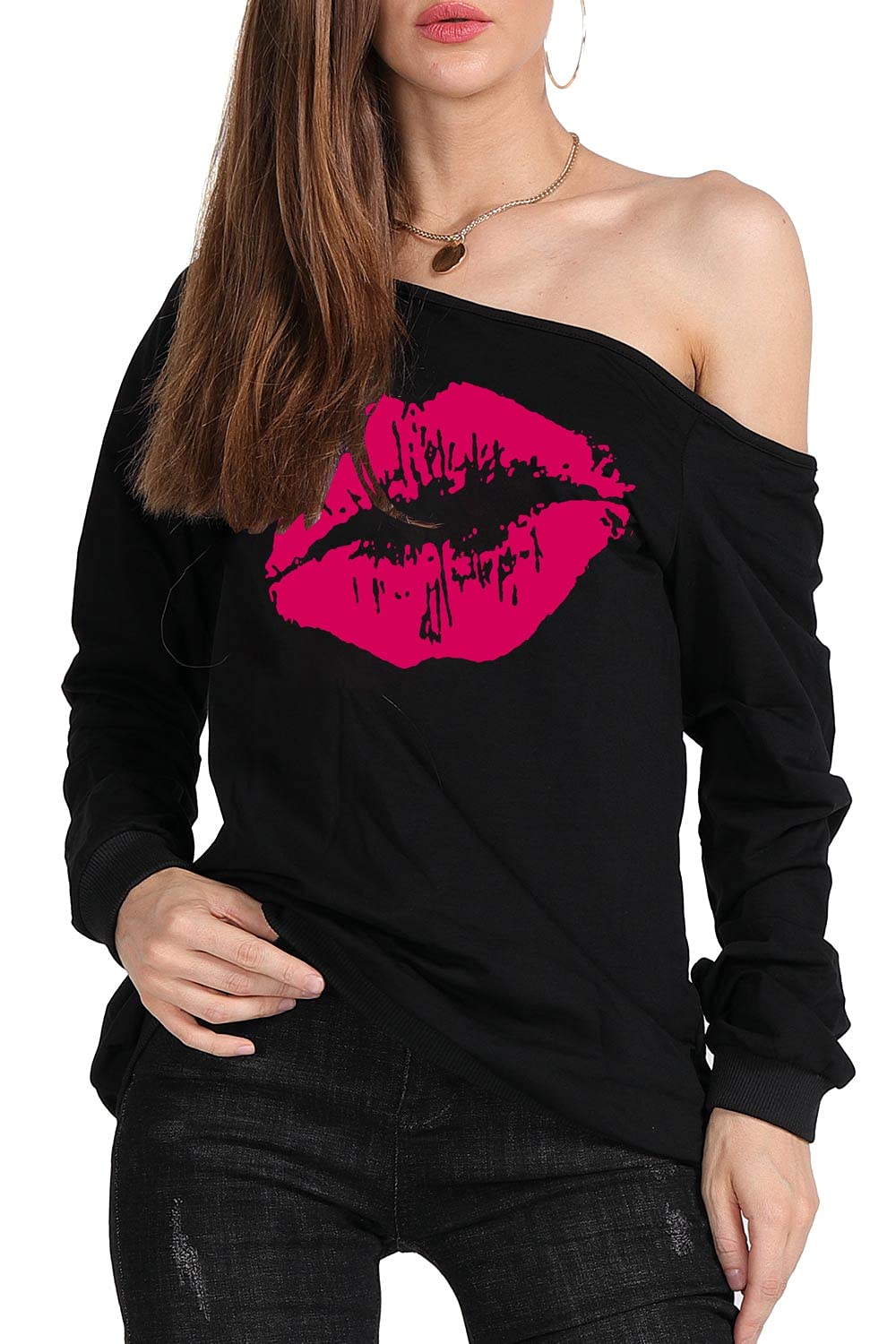 MAGICMK Woman’s Sweatershirt Lips Print Causal Blouse Off The Shoulder Long Sleeve Loose Slouchy Pullover Plus Size Tops…(XXXL)