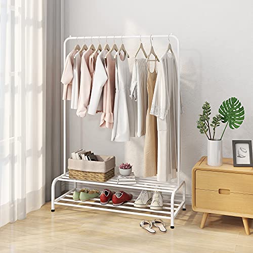 White Commercial Garment Rack,Closet Garment Rack, Heavy Duty Clothes Storage Organizer for Bedroom, Free-Standing and Closet Organizer and Storage with Hanger Rods Clothes Rack for Hanging Clothes