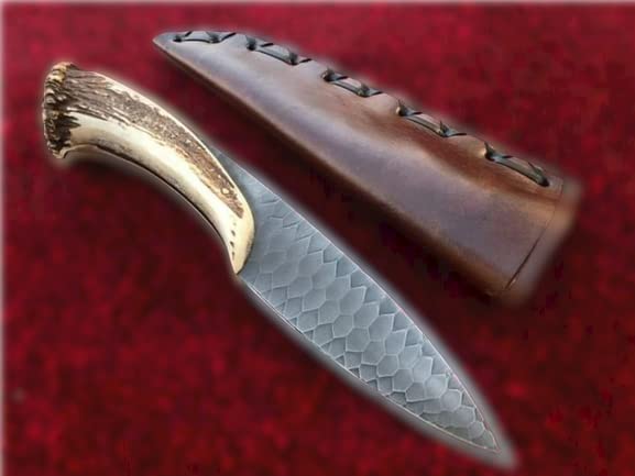 PSK206 - Antler Engraved Hunting Knife | Custom Handmade D2 Steel Knife | Leather Sheath