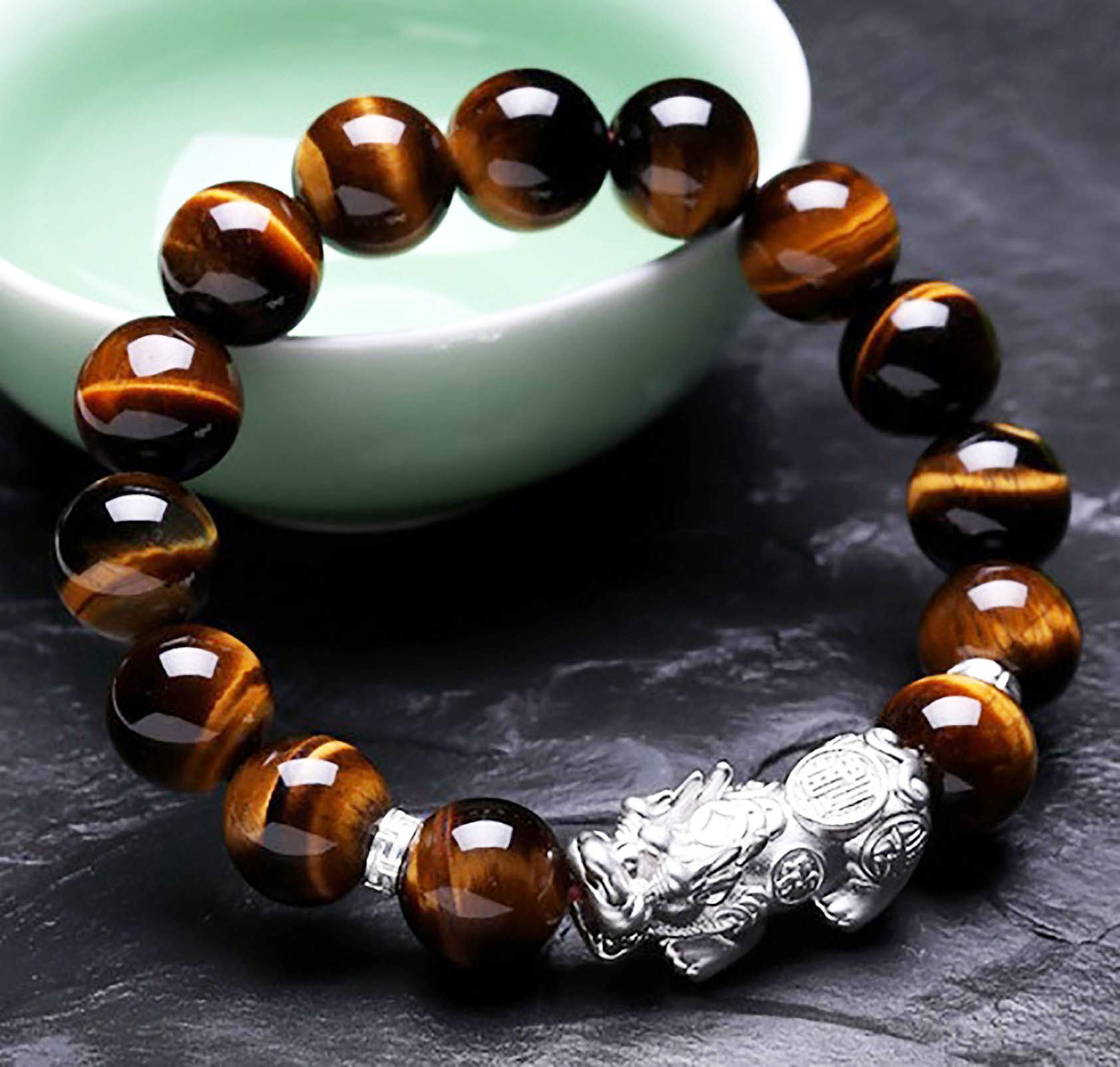 LOTONTJ Pixiu Bracelet Natural Tiger Eye Stone Tibetan Pure Silver Pi Yao Feng Shui Wealth Bracelet Healing Chakra Gemstone Evil Eyes Jewelry Crystal Amulet Attract Money Good Luck Windfall,12mm
