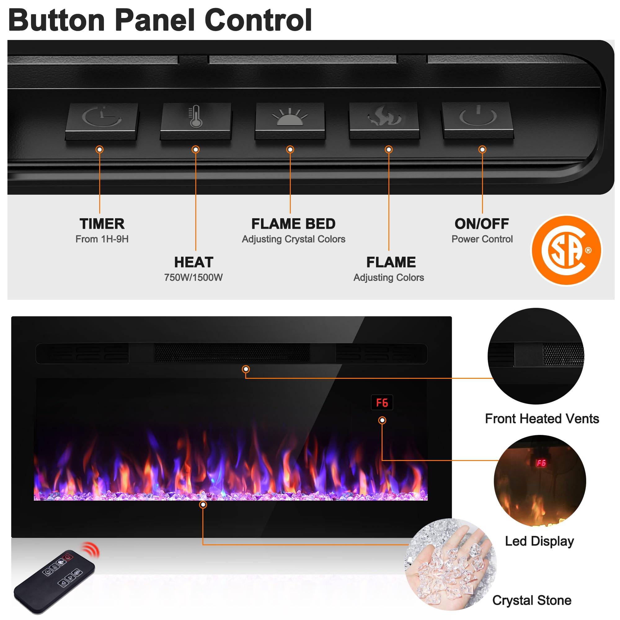 LITSDFM 43 Inch Electric Fireplace, Recessed and Wall Mounted Fireplace, Fireplace Heater and Linear Fireplace, with Timer, Remote Control, Adjustable Flame Color, 750/1500W, Black
