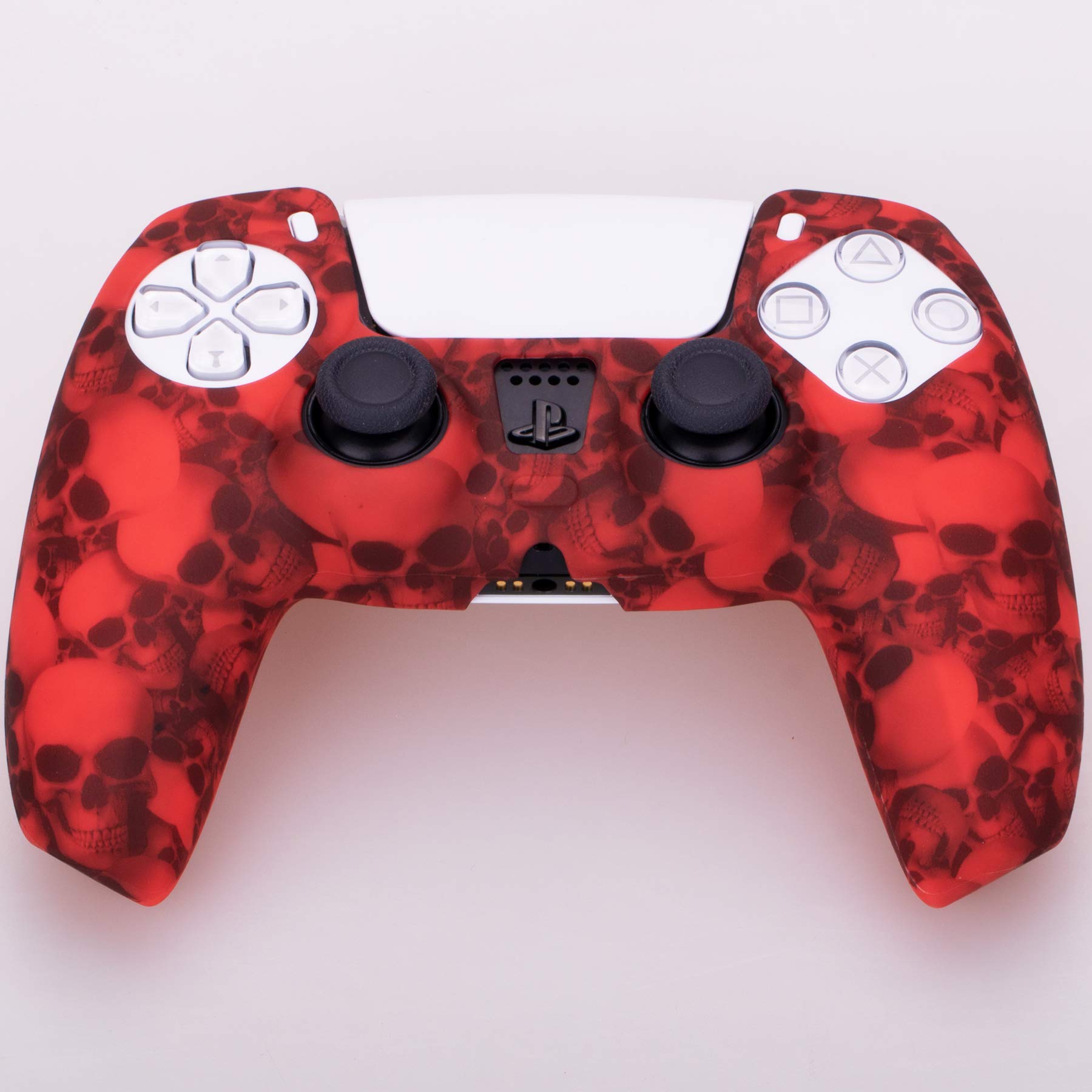Playrealm Soft Stamp Silicone Skin Cover x 2 & Thumb Grips x 8 for PS5 Dualsenese Controller (Skulls Red+Purple)