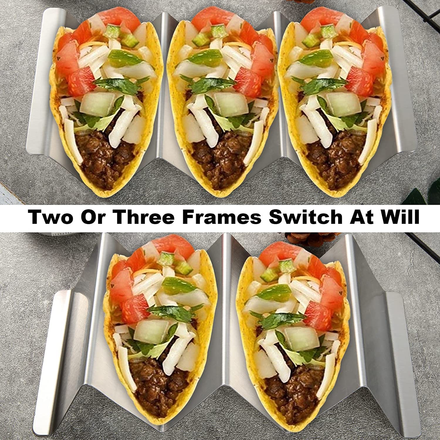 RHBLME 6 Pack Taco Holders, Stainless Steel Taco Tray with Handle, Stylish Taco Shell Holders for 3 Tacos, Use as a Taco Rack to fill Tacos with Ease - Safe for Dishwasher, Oven and Grill