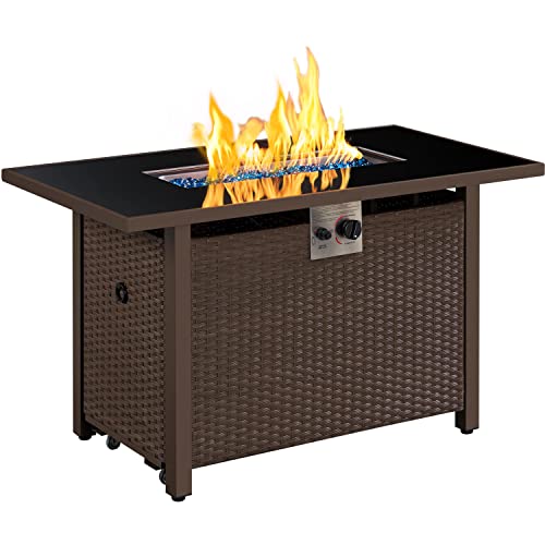 Yaheetech 43 Inch 50,000 BTU PE Rattan Propane Fire Pit with Tempered Glass Tabletop and Rain Cover, Gas Fire Pit with Lid and Fire Glass for Outdoor Heating/Patio/Terrace, Auto-Ignition, Brown