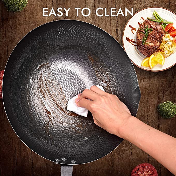 Peepoleck Carbon Steel Wok with Wooden Handle and Lid,using for Electric, Induction, Gas Stoves,6 Cookware Accessories,12.5 inch,Black