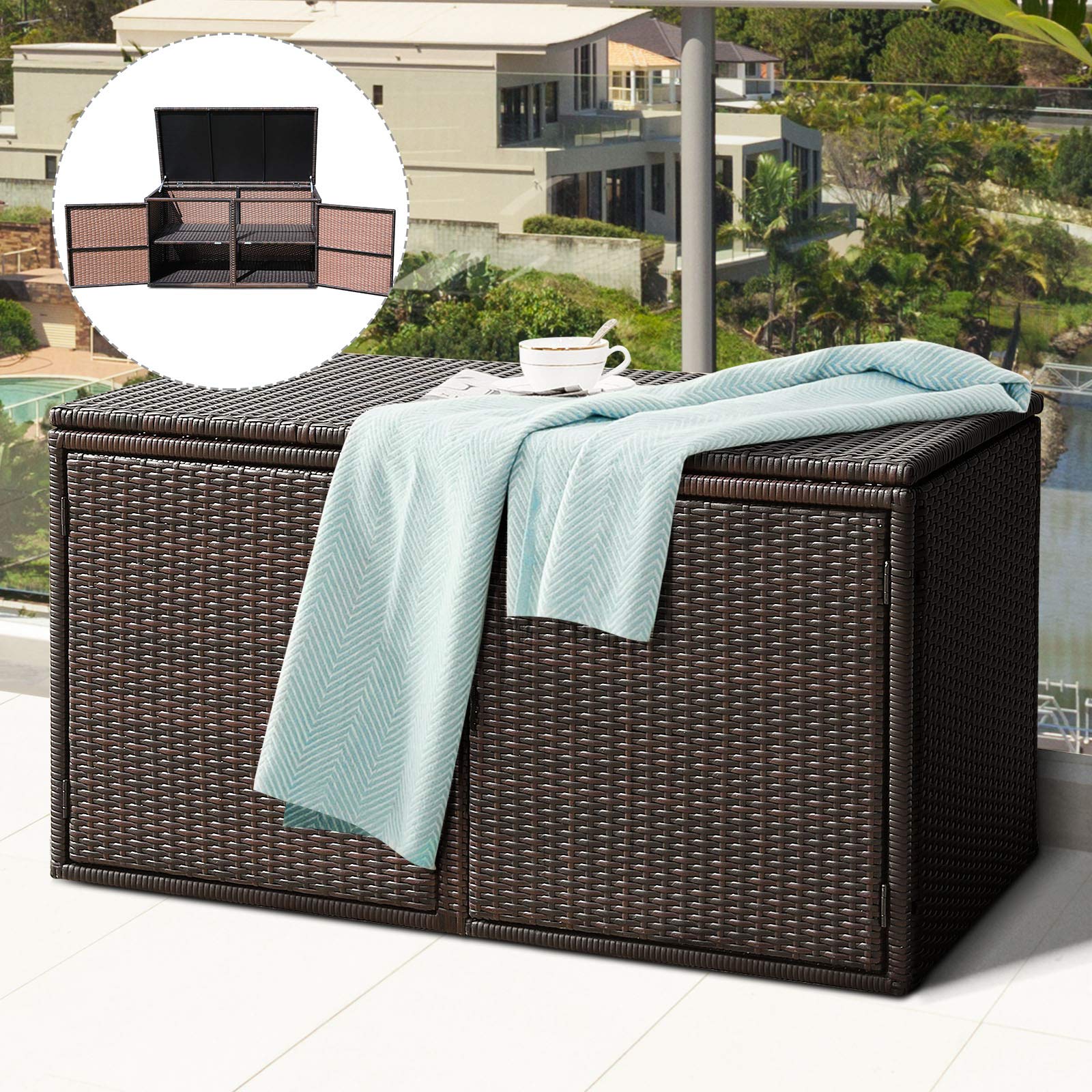 Tangkula Outdoor Wicker Storage Box, Garden Deck Bin with Steel Frame, Rattan Pool Storage Box with Lid, Ideal for Storing Tools, Accessories and Toys, 88 Gallon Capacity (Brown)