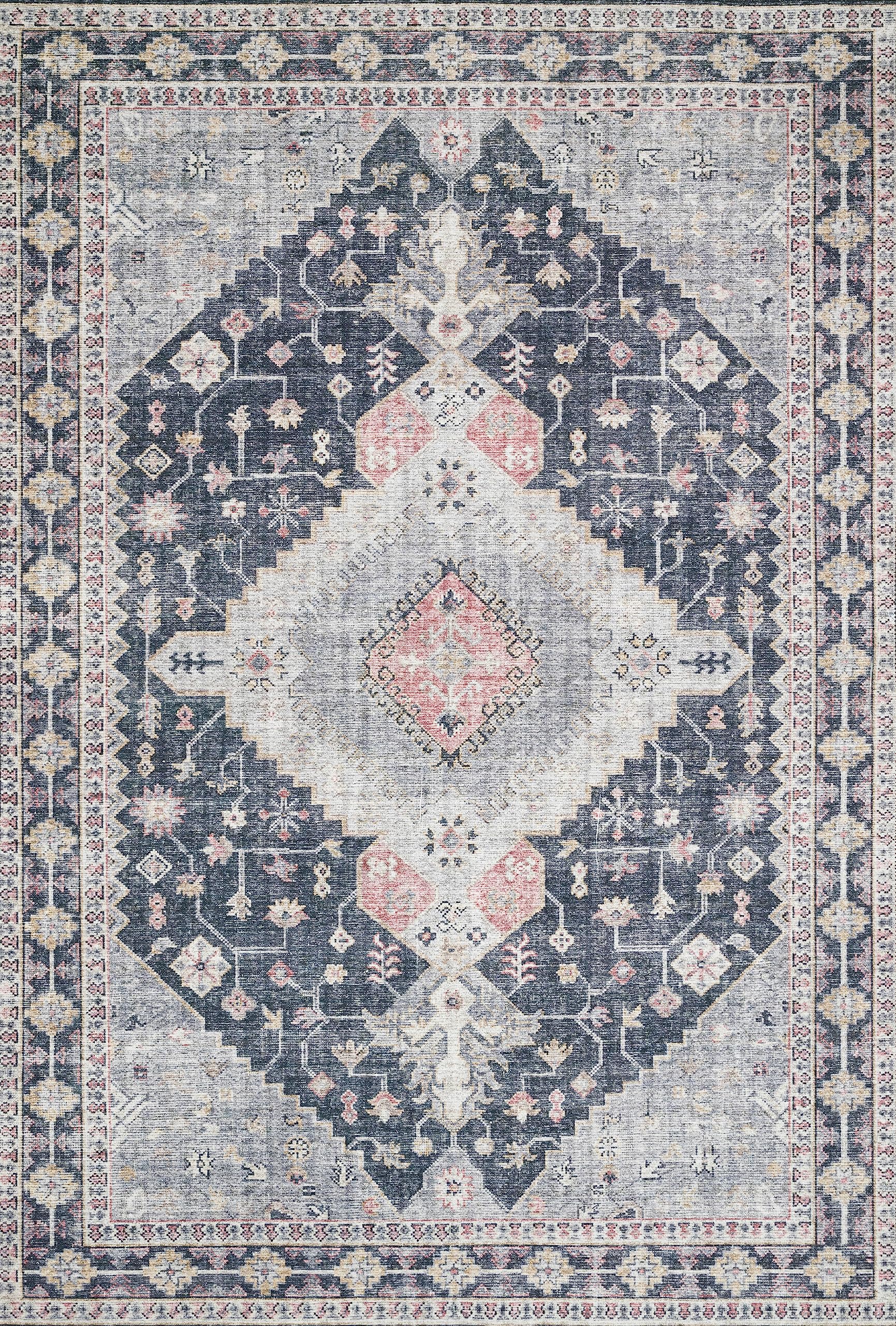 Loloi II Skye Collection SKY-02 Charcoal/Multi 7'-6" x 9'-6", 13" Thick,Area Rug,Soft,Durable,Vintage Inspired,Distressed,Low Pile,Non-Shedding,Easy Clean,Printed,Living Room Rug
