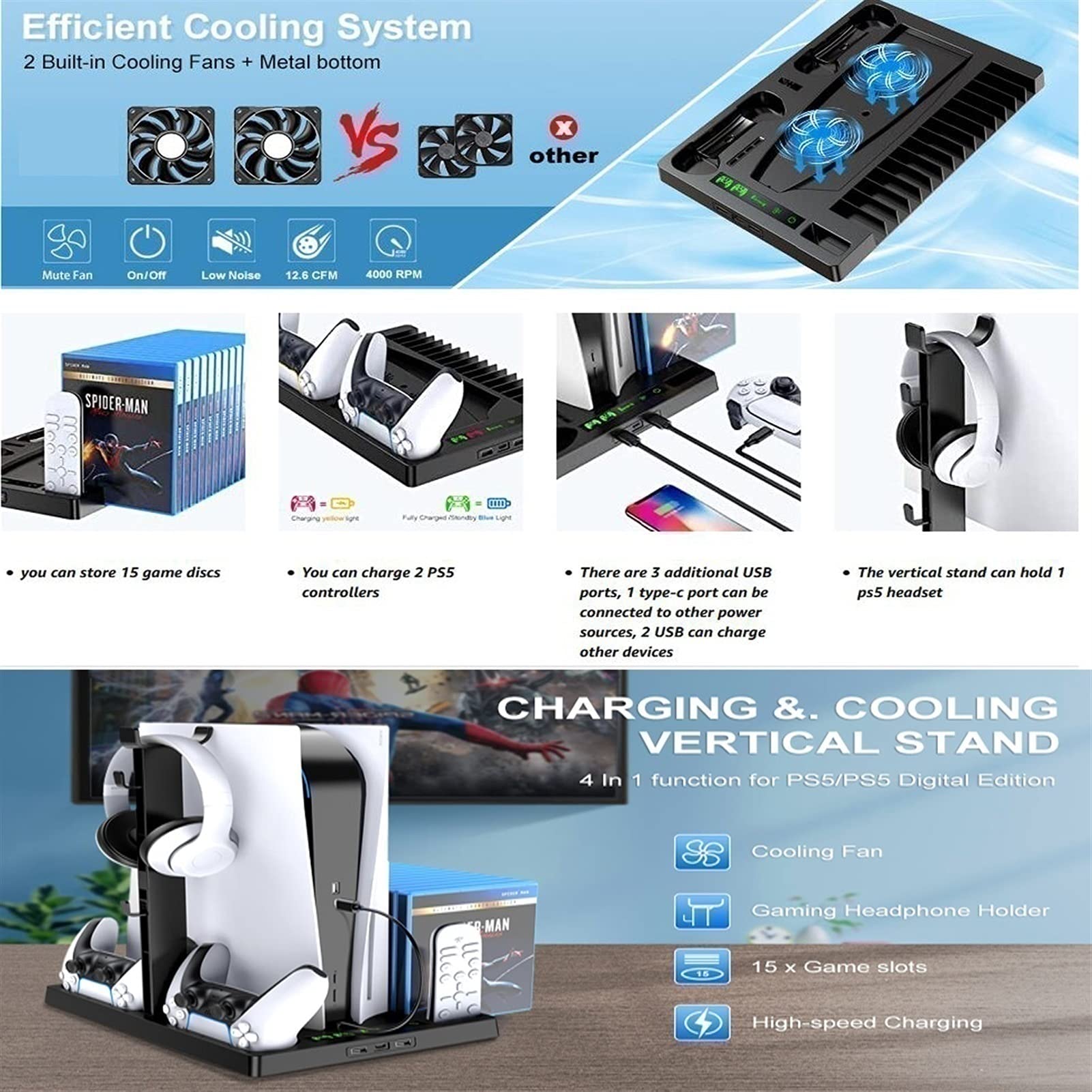 LVHI Vertical Stand for PS5 with Cooling Fan Digital Edition/Ultra HD Playstation 5 Stand Controller Charge Station with Dual Controllers EXT Port Charger Dock and 15 Game Slots